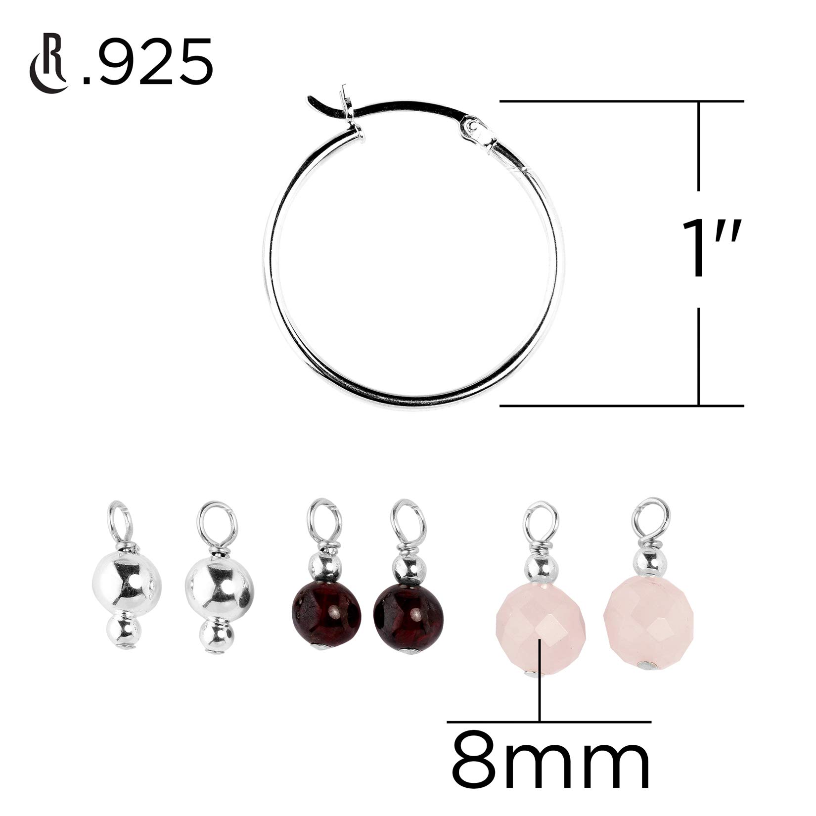 Sterling Silver Pink Rose Quartz and Red Garnet Gemstone Bead Drops on Hoop Earrings