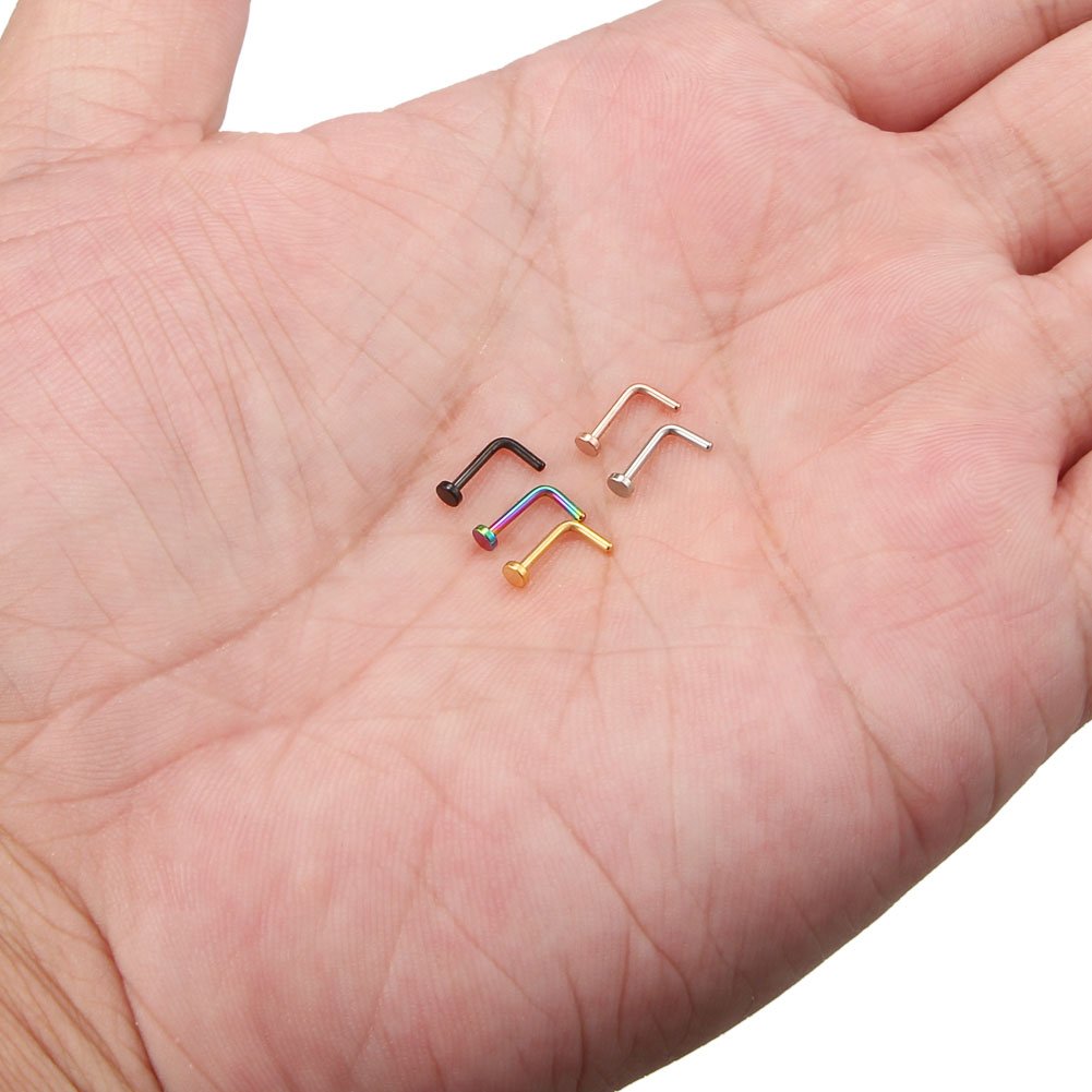 Ruifan 5PCS 18G Mix Color 316L Surgical Steel Nose L Shaped Studs Rings Curved Piercing Jewelry with 2.5mm Flat