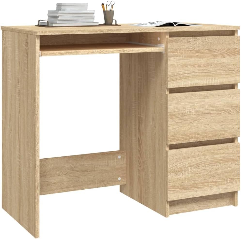 vidaXL Compact Desk with Built-in Storage Drawers– Sonoma Oak Finish Engineered Wood – Scandinavian Style - Perfect for Home Office or Study Room (35.4"x17.7"x29.9")