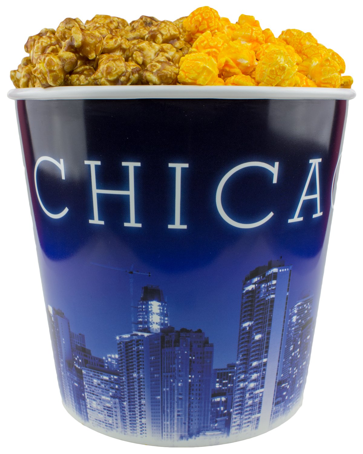 Signature Popcorn - Gourmet 1-Gallon Blue Chicago Skyline Reusable Plastic Bucket Tin - Half Caramel Half Cheddar Cheese Flavor