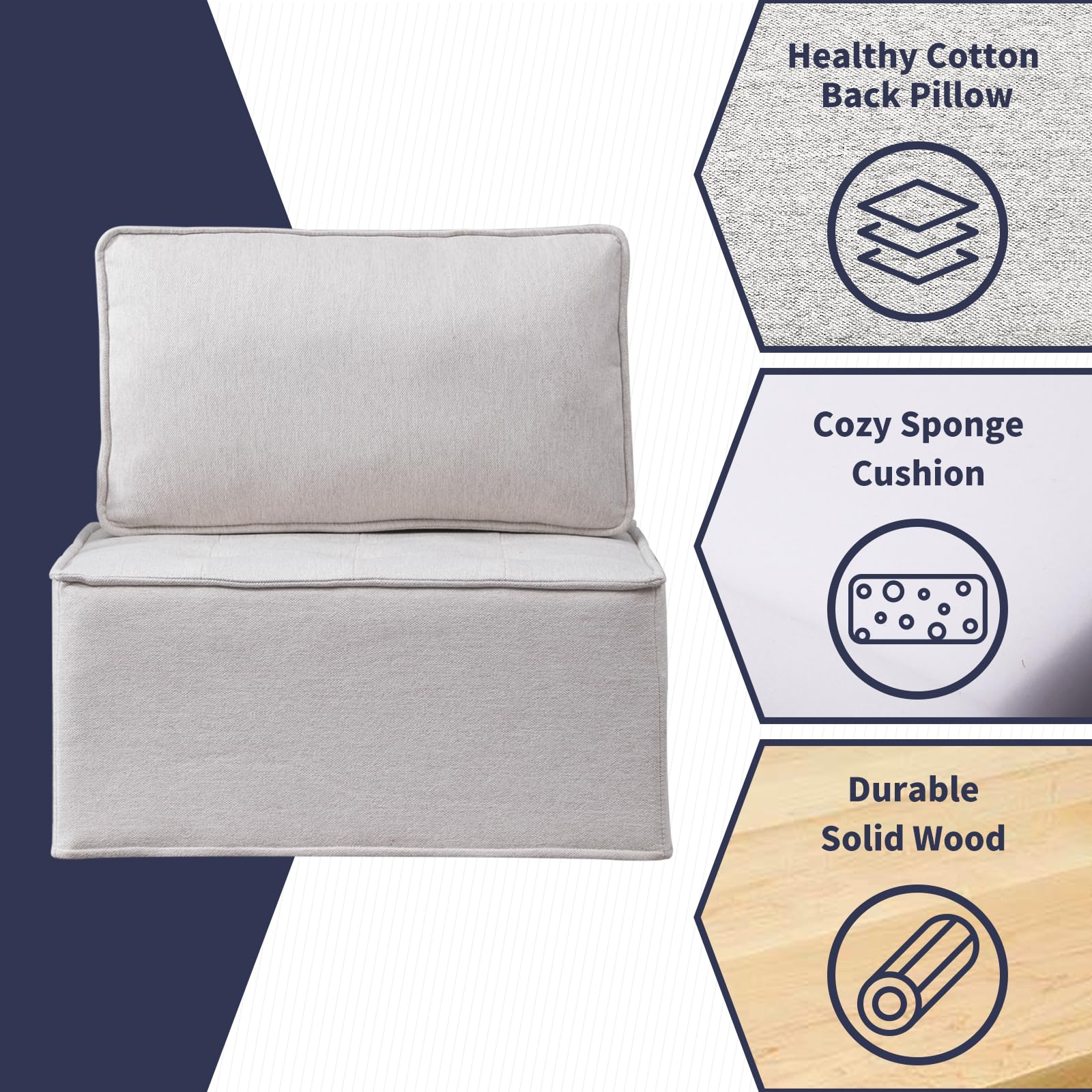 PUREMIND Modular Sofa, Loveseat Upholstered Armless Floor Sofa with Removable Back Cushion, Linen Fabric Sectional Sofa Couch for Living Room/Bedroom/Apartment, Beige,