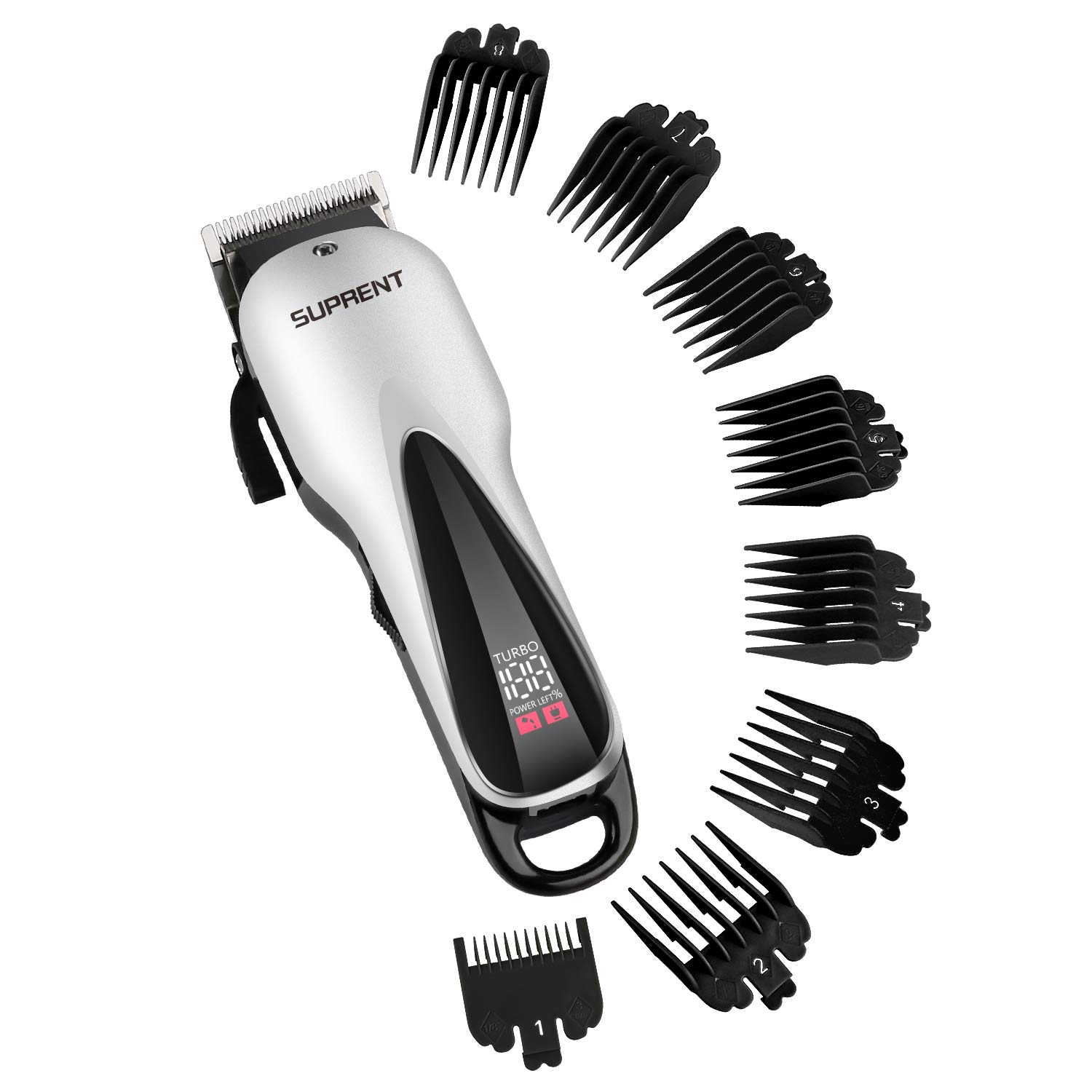 SUPRENT Hair Clippers for Men,All-Steel Self-Sharp Blade Cordless Hair Clippers Set, Long Service Life and Low Noise Hair Trimmer, with LED Display Hair Cutting Kit for Family(Silver)