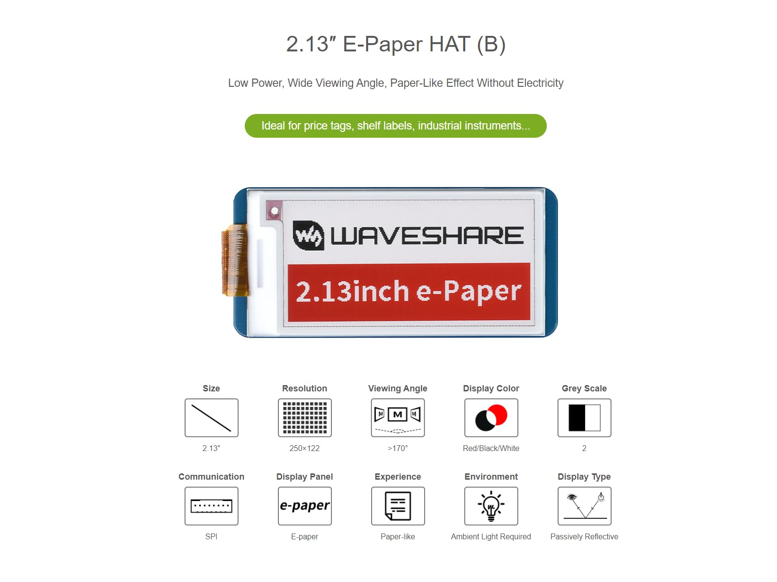 Three Color 2.13inch E-Ink Display HAT (B), 212x104 Resolution 3.3V/5V Red Black White E-Paper Display Screen for Raspberry Zero/Zero W/Zero WH/2B/3B/3B+ SPI Interface,Full Refresh