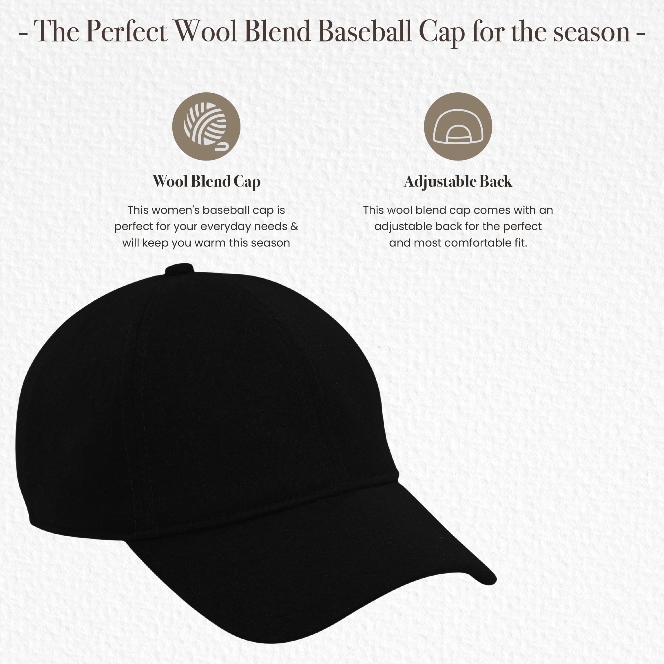 San Diego Hat Company Women's Wool Baseball Hat with Adjustable Back, Black, One Size