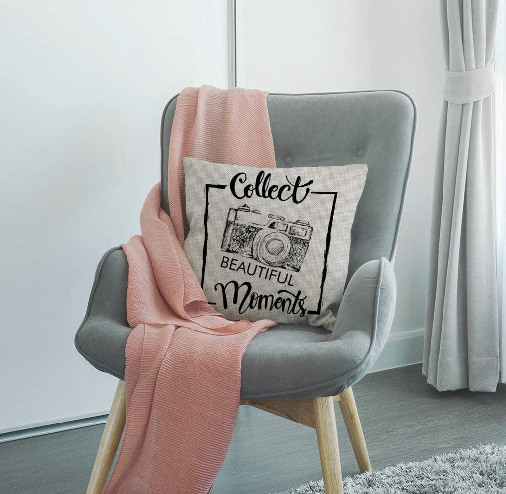 SSOIU Motivational Quote Throw Pillow Cover, Collect Beautiful Moments with Retro Camera Decorative Throw Pillow Covers Cotton Linen Pillow Cases 18β x 18β for Home Decor