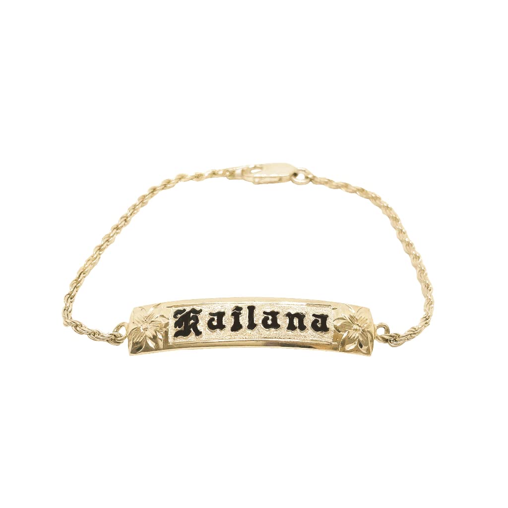 Zero Gravity Hawaii Hawaiian Jewelry 14k Gold Custom ID Bracelet with Your Name (7, 6mm Width and Raised Black Letters)