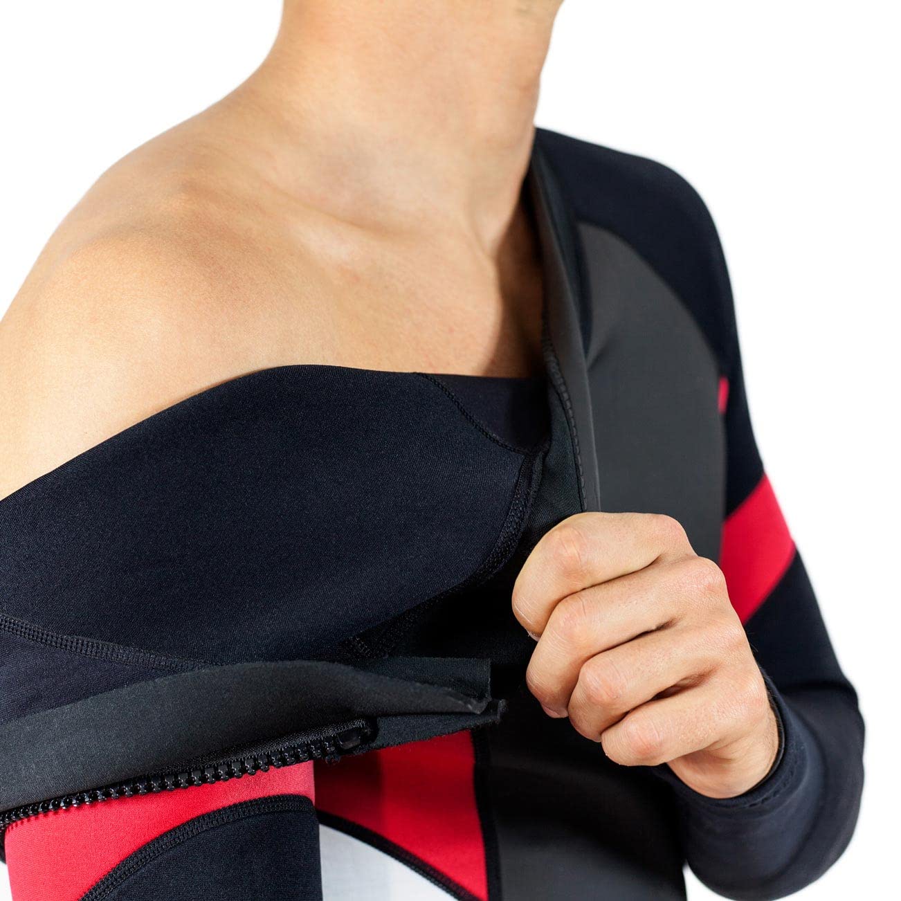 Wetsuits for Men by Aqua Polo | Fullbody 3/2 Neoprene Wetsuit with Shark Skin Chest Panel | Super Stretch Neck Cuffs Ankles (Black/Red, L Tall)