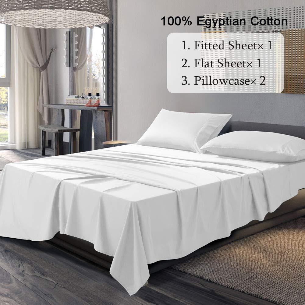 SONORO KATE 100% Pure Egyptian Cotton Sheets Sets,Cooling Bed Sheets 600 Thread Count Long Staple Cotton,Sateen Weave for Soft and Silky Feel, Fits Mattress 16'' Deep Pocket (White, Queen)