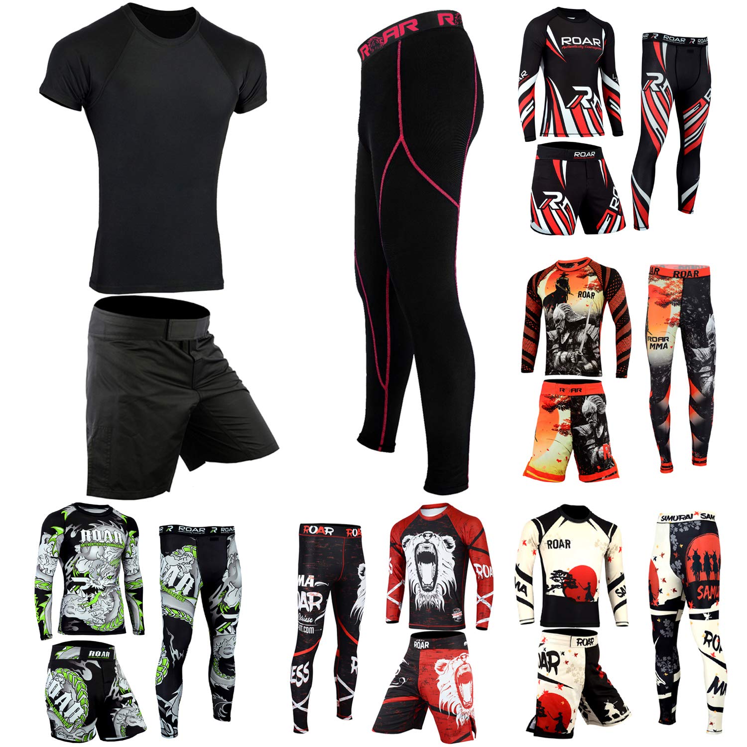 ROAR MMA Rash Guard & BJJ Shorts Set Mens Women Fight Wear Kids Grappling Training (Simple-Black-3Pcs, Medium)
