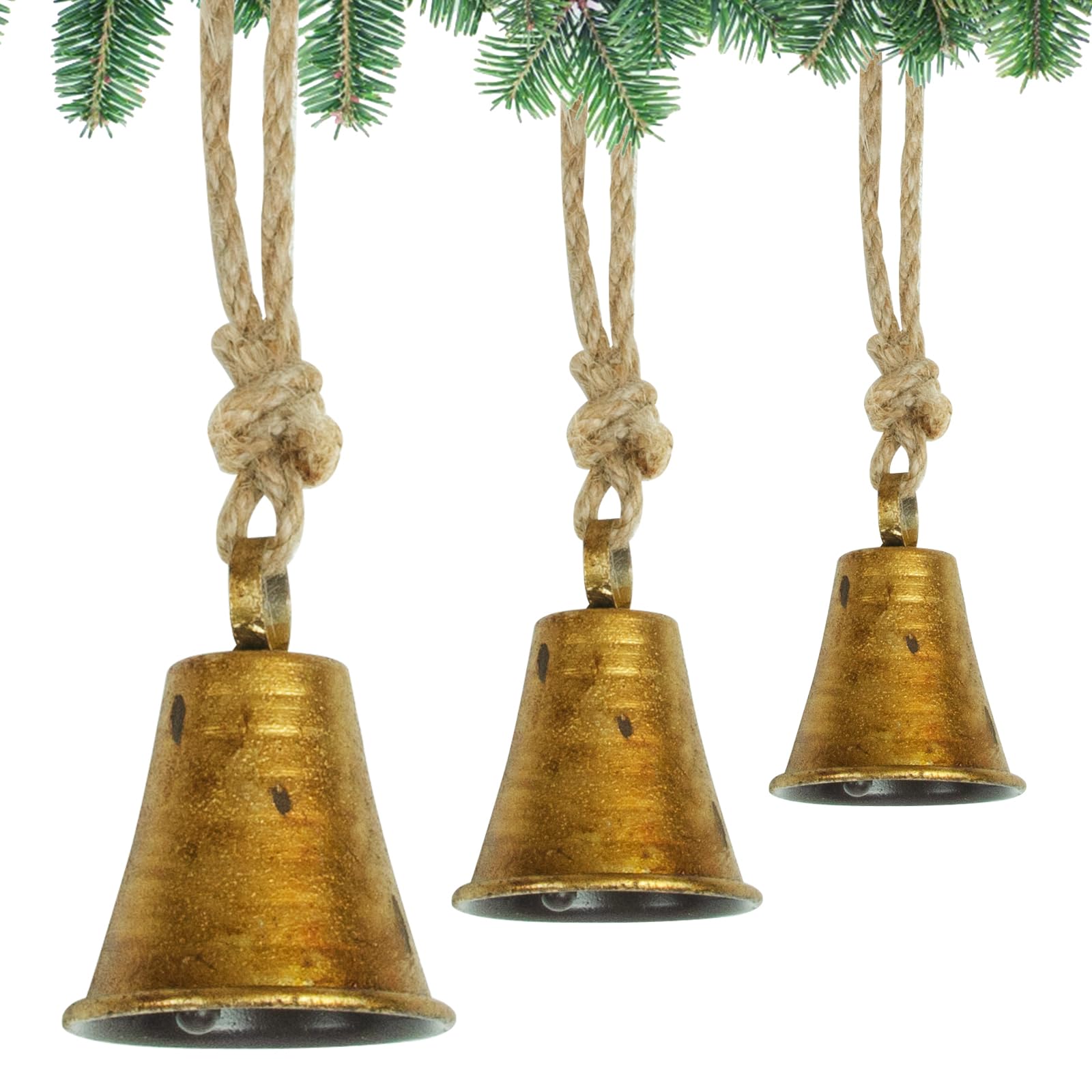 Styleonme Decorative Bells, Christmas Bells, Metal Indoor and Outdoor Blessing Bells, 3-Piece Set of Harmonious Bells, Vintage Handmade and Rustic Lucky Christmas Bells Hanging on a Rope