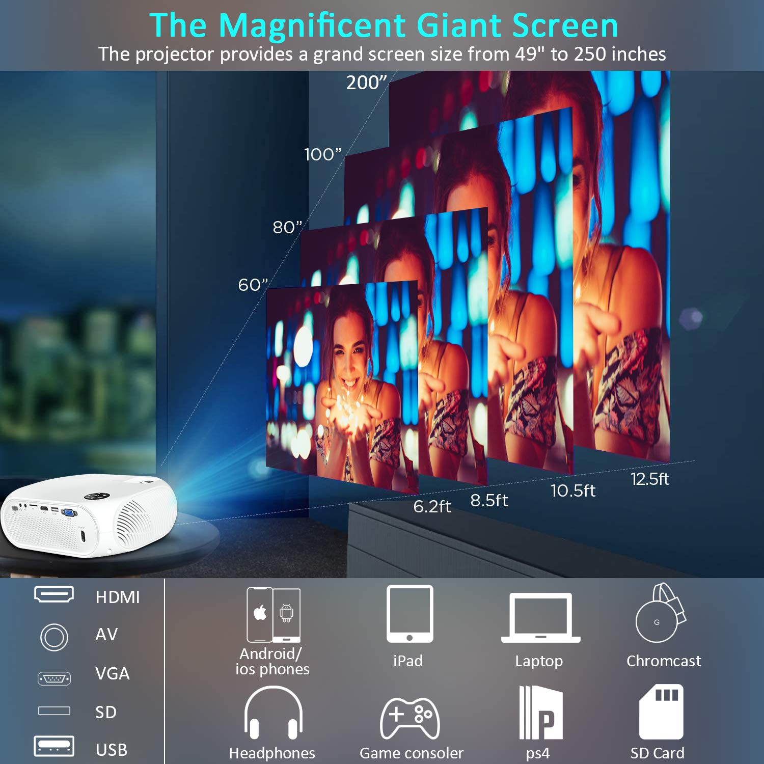 Wireless WiFi Projector, DIWUER 2021 Newest 4500 Lux Portable Mini Projectors for Outdoor Movies, Support Wireless/ USB Cable Mirroring, Compatible with TV Stick, PS4, iPhone, Android, Windows