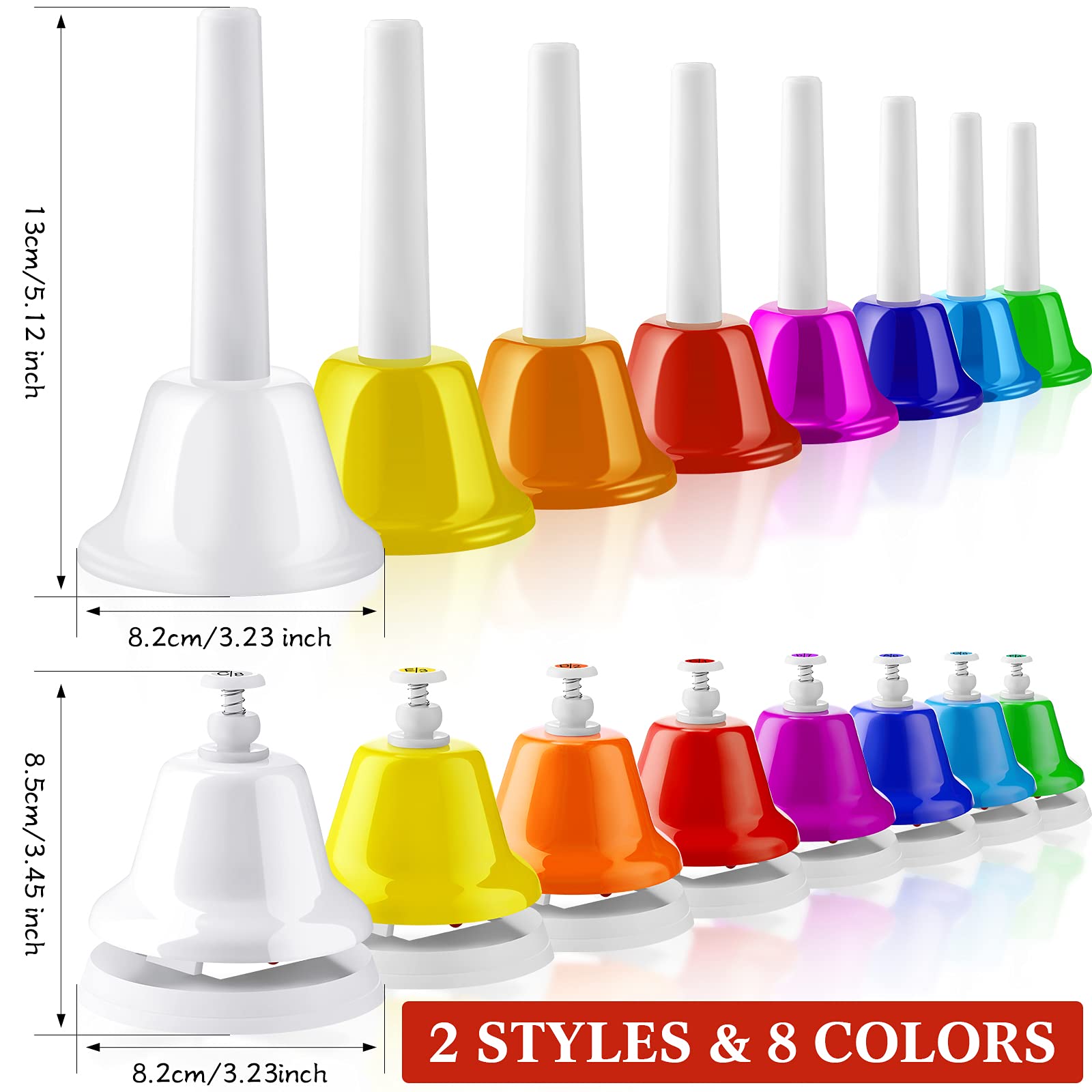 Zhanmai 16 Pieces Music Bells Include 8 Notes Hand Bells and 8 Desk Bells Colorful Diatonic Metal Bells for School Wedding Church Chorus Holiday Party Supplies, 2 Styles