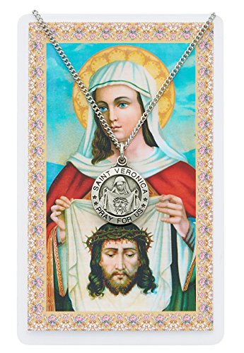 Saint St Veronica 3/4-inch Pewter Medal Pendant Necklace with Holy Prayer Card