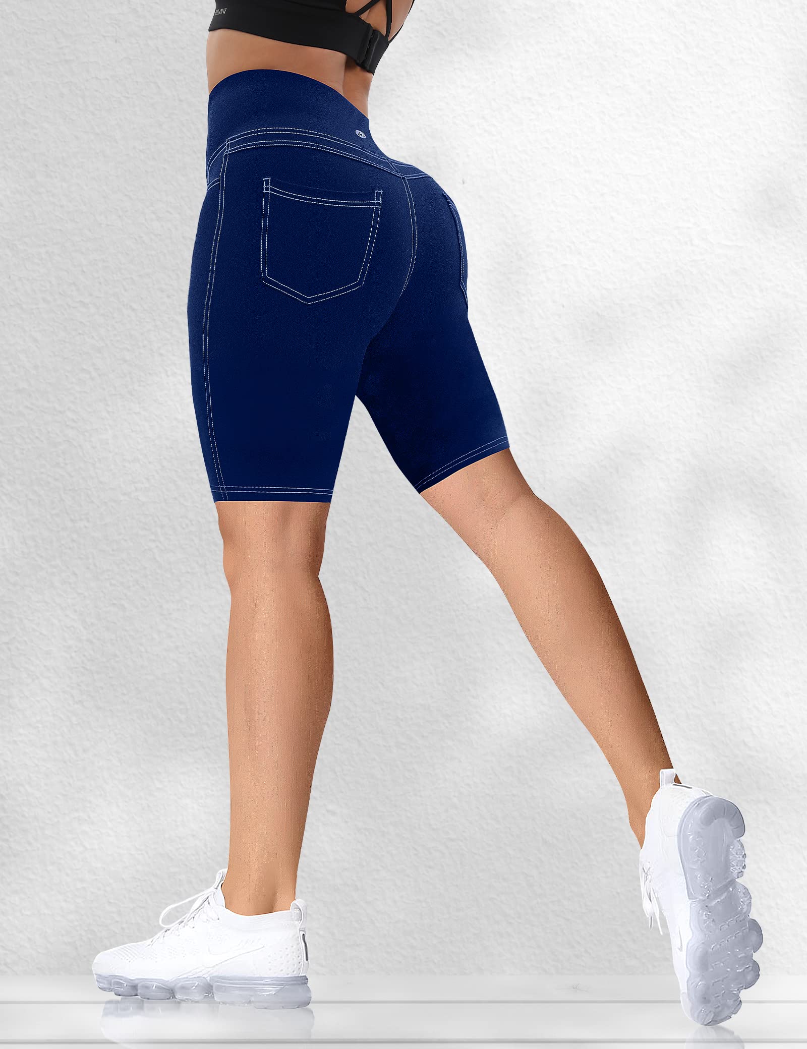 VOOVEEYA 5"/8" High Waisted Yoga Biker Shorts with Pockets for Women - Butt Lifting Workout Spandex Booty Gym Shorts(Denim Blue S)
