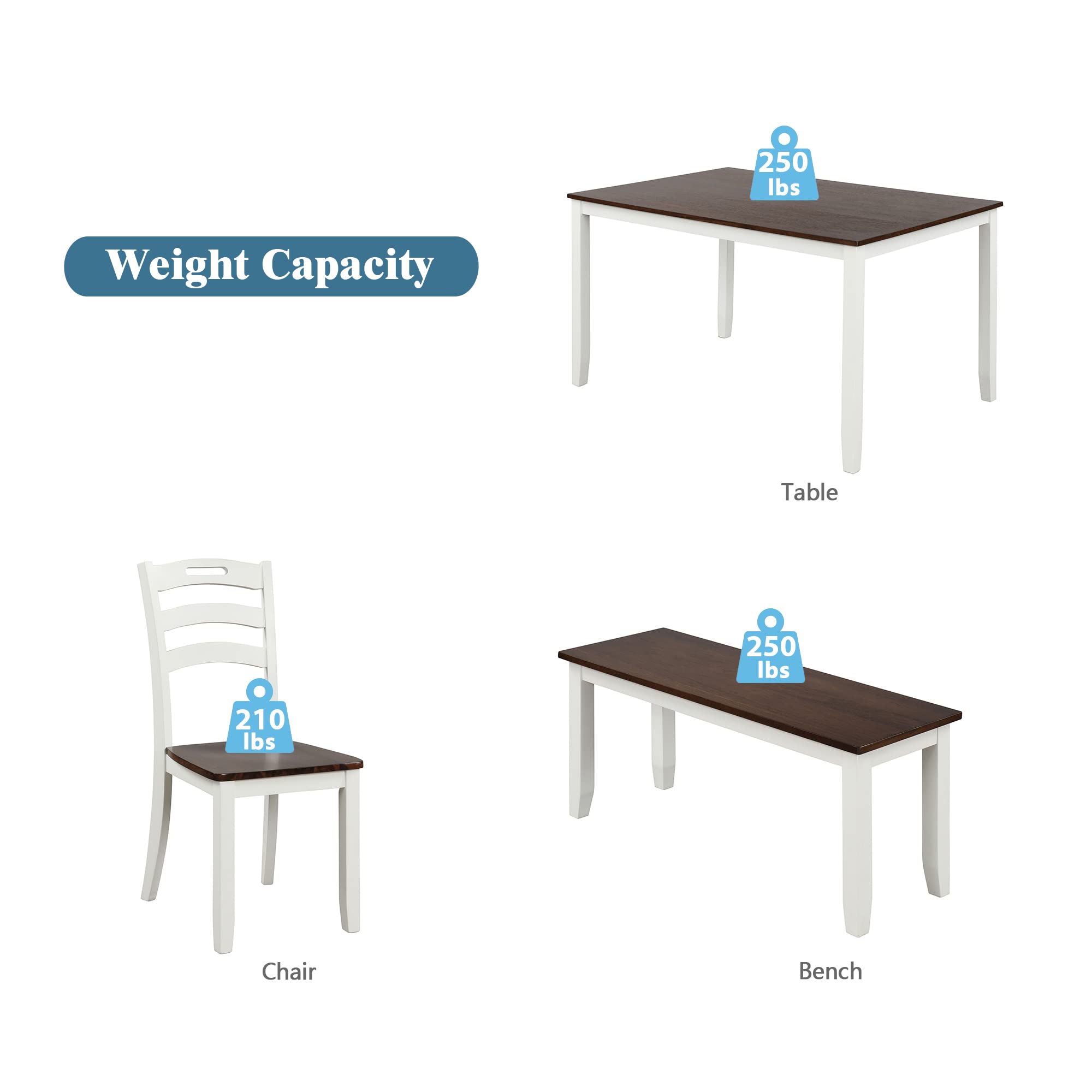RUNWON Piece Family Rectangular Dining Table Set for 6,Farmhouse Rustic with 4 Chairs and 1 Bench Ideal for Kitchen, OneSize, Ivory