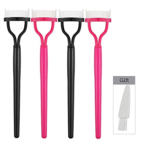 Stainless Steel Tooth Eyelash Comb, Mascara Eyelash Separator Eyebrow Grooming Brush Mascara applicator, with Comb Cover and Comb Cleaning Brush,Pack of 4