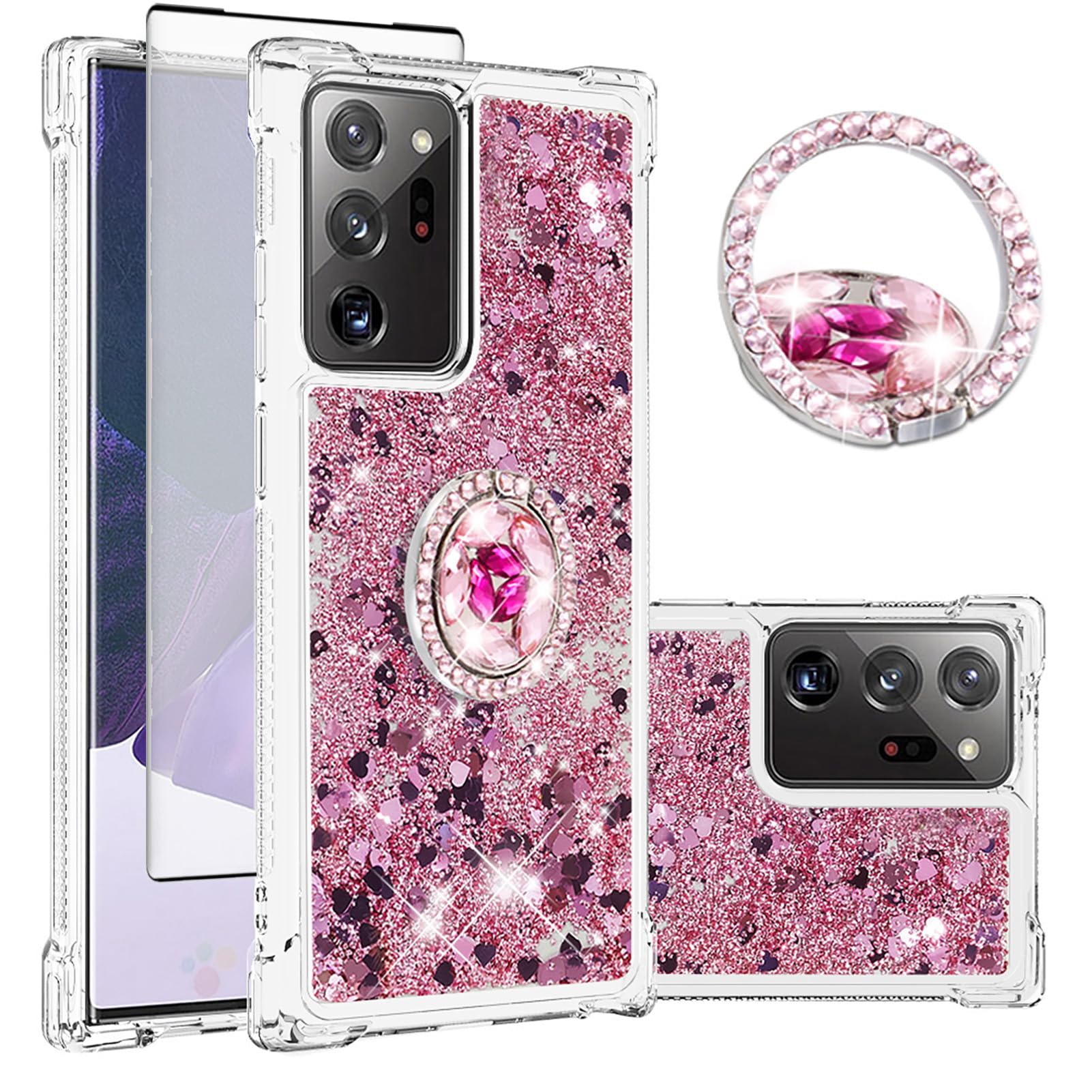 Phone Case for Samsung Galaxy Note 20 Ultra 5G with Screen Protector and Ring Holder Bling Liquid Glitter Clear Hybrid Silicone Cell Cover Note20 Plus Notes 20Ultra Note20+ U + 20+ Twenty Not S20 Pink