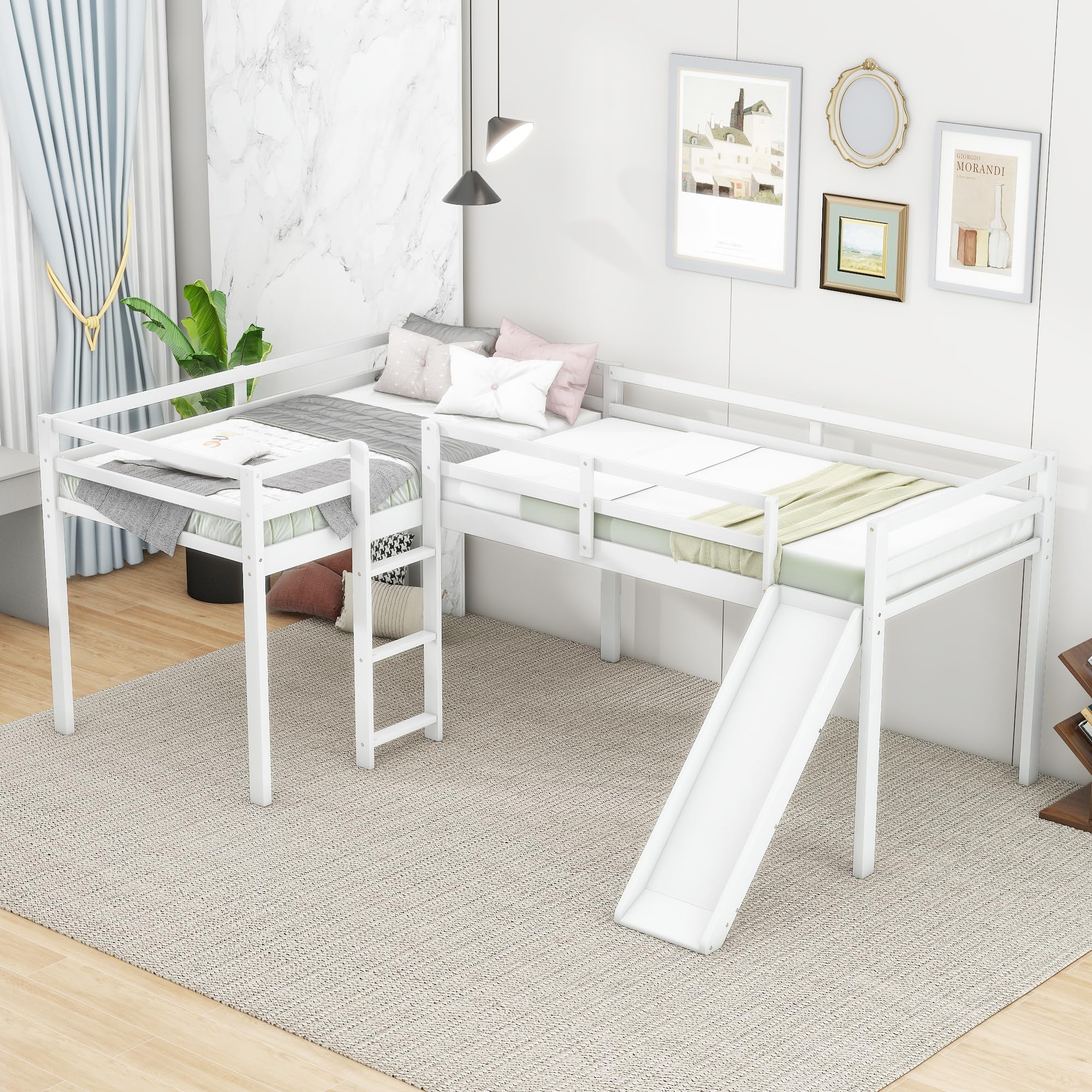 RUNWON Twin Size L-Shaped Loft Bed with Ladder and Slide for 2 Kids Teens Bedroom,No Box Spring Needed