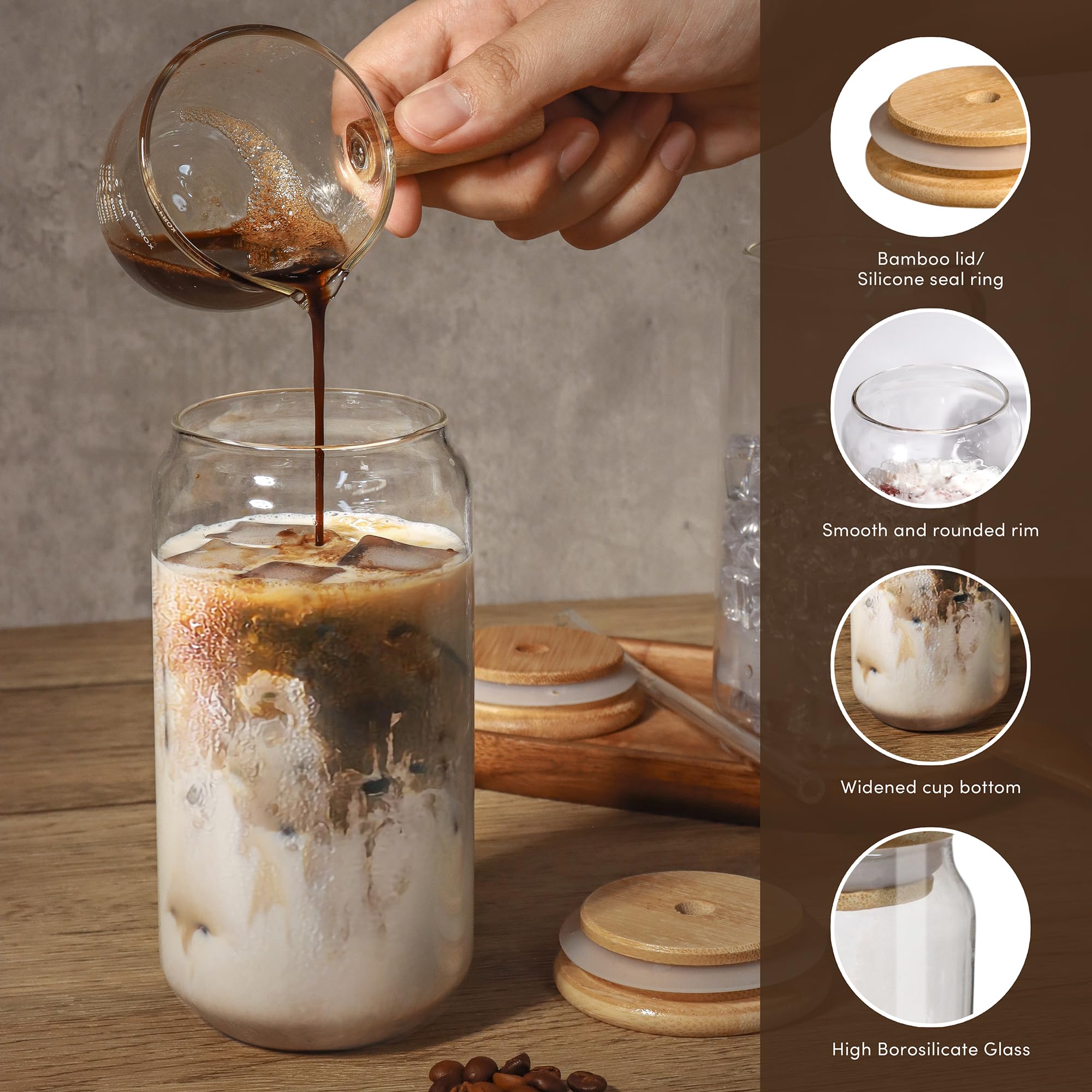 wirsh Drinking Glasses, 4pcs 18oz Can Shaped Glass Cups with Bamboo Lids and Glass Straw,Cute Tumbler Cups for Iced Coffee, Beer, Tea, Coffee Bar Accessories, Giftable