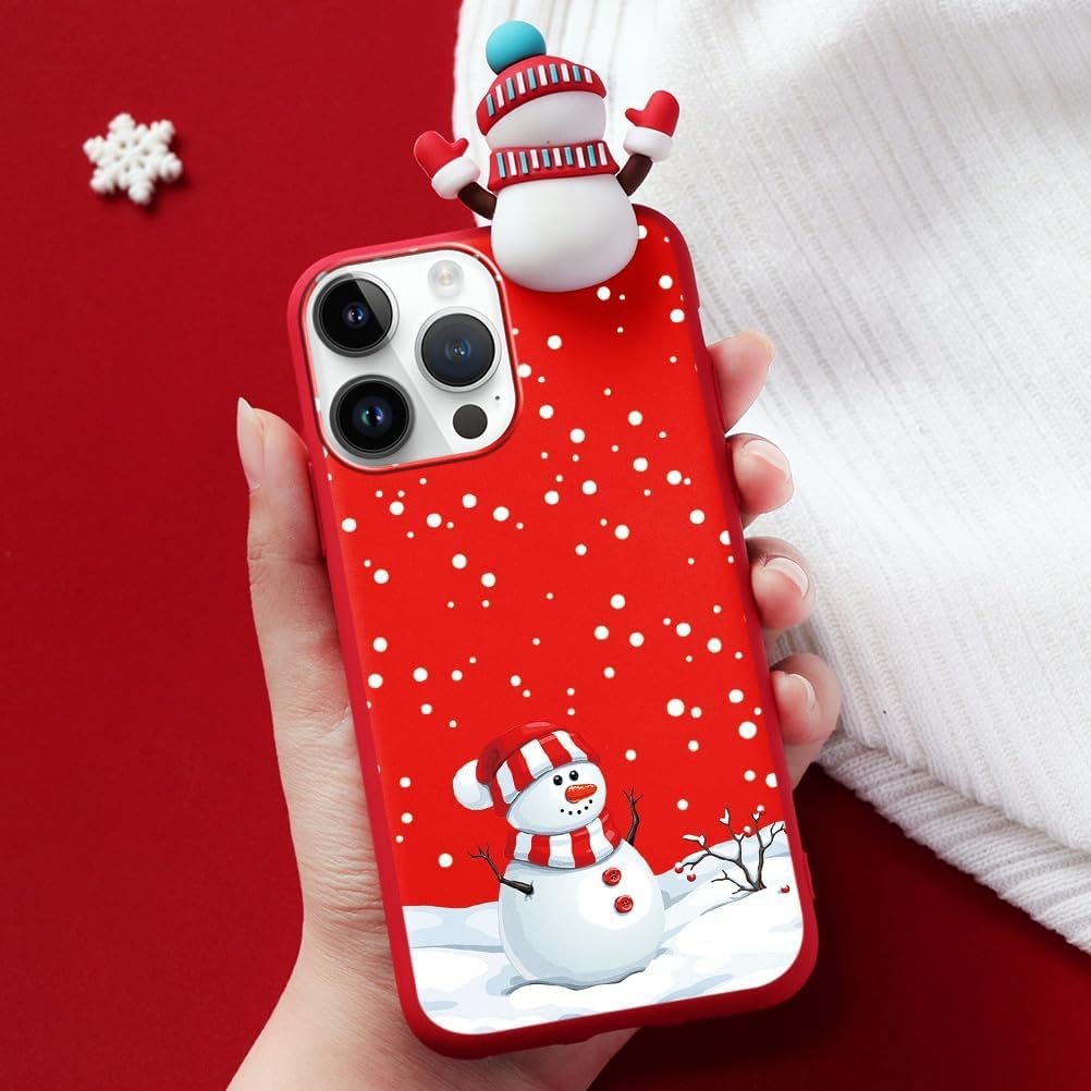 RUMDEY 2 Pack Cute Christmas Case for iPhone 13 Pro MaxInch,Red 3D Doll Snowman Elk Merry Christmas Pattern Soft Silicone TPU Pretty Flexible Protective Funda for Kid Girls Women