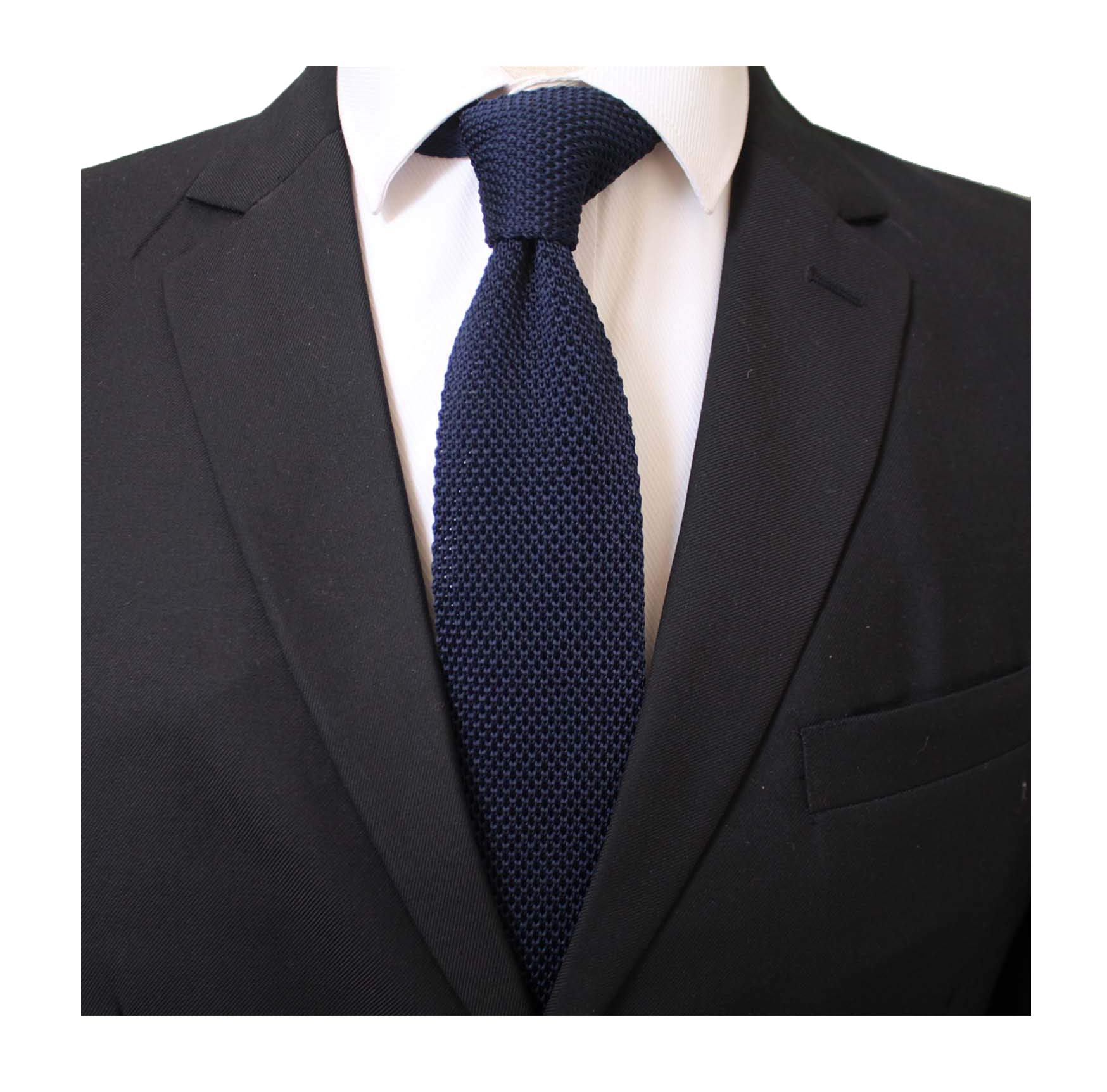 Slim Navy Blue Silk Knitting Tie Border Pattern Business Necktie for Men or Boys
