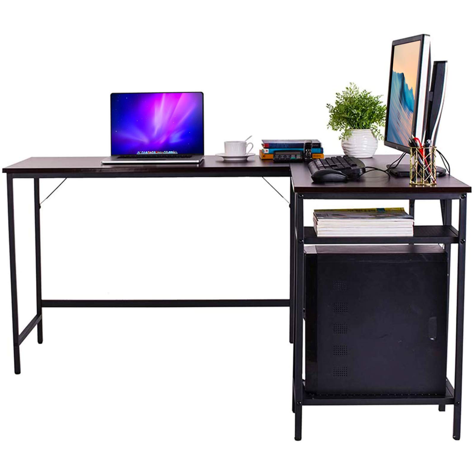 TITISKIN L-Shaped Home Office Desk with Storage Shelves, Adjustable Black Computer Corner Table Writing Workstation, 2 Person Gaming Study Desk, Multi-Usage Large Table Desk, Walnut