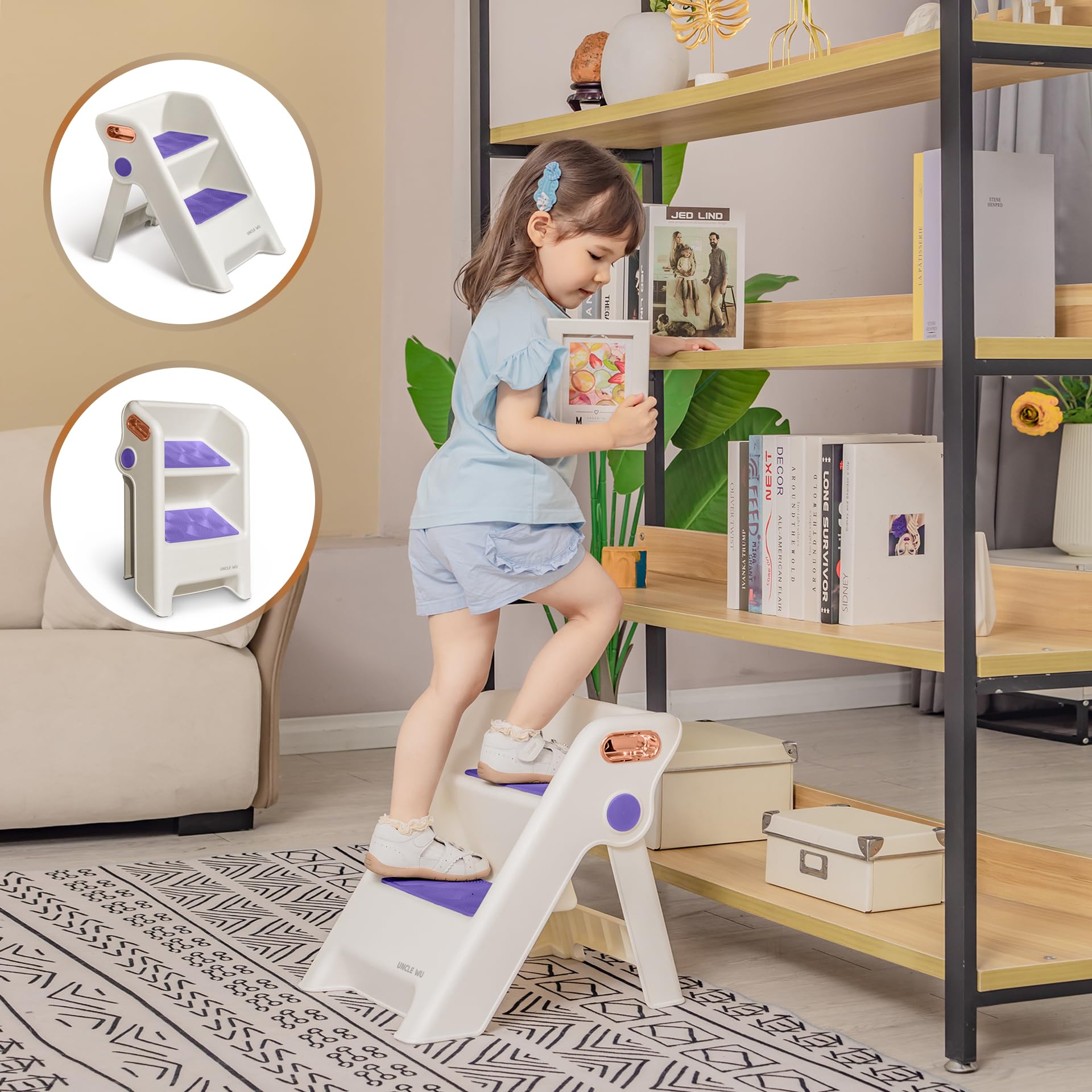 UNCLE WU Foldable 2-Step Stool for Kids - 11.2" Height, Anti-Slip, Safety Handles,Durable - Perfect for Potty Training, Bathroom Sink,Kitchen Stand Stool & Bedroom Step Stool
