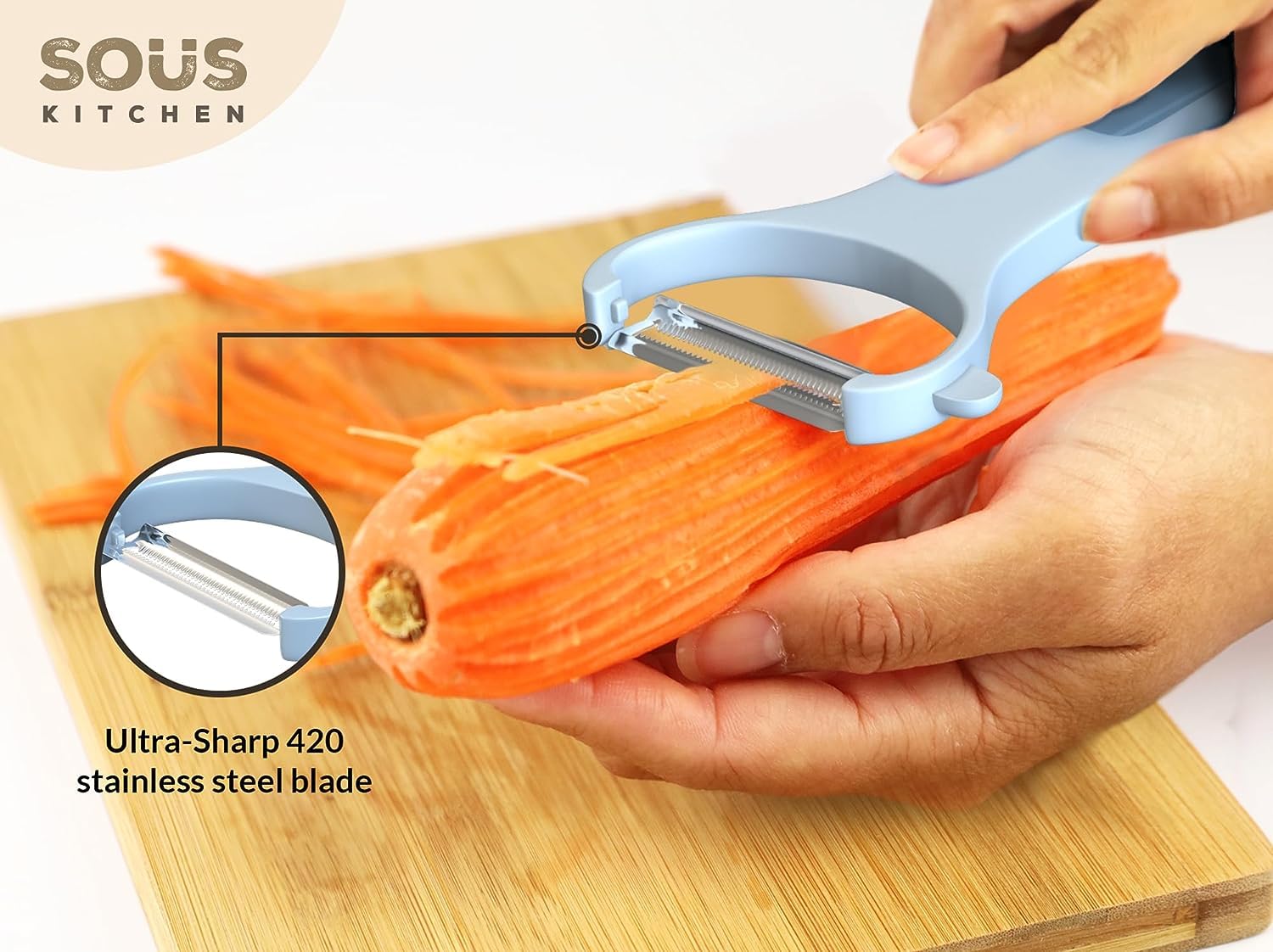 Sous Kitchen Veggie Peeler Julienne Peeler & Fruit Peeler Set of 3 - Vegetable Peelers for Kitchen - Potatoes Peeler With Sharp Peeler Blades - Speed Peeler With Ergonomic Handles & Swivel Blades