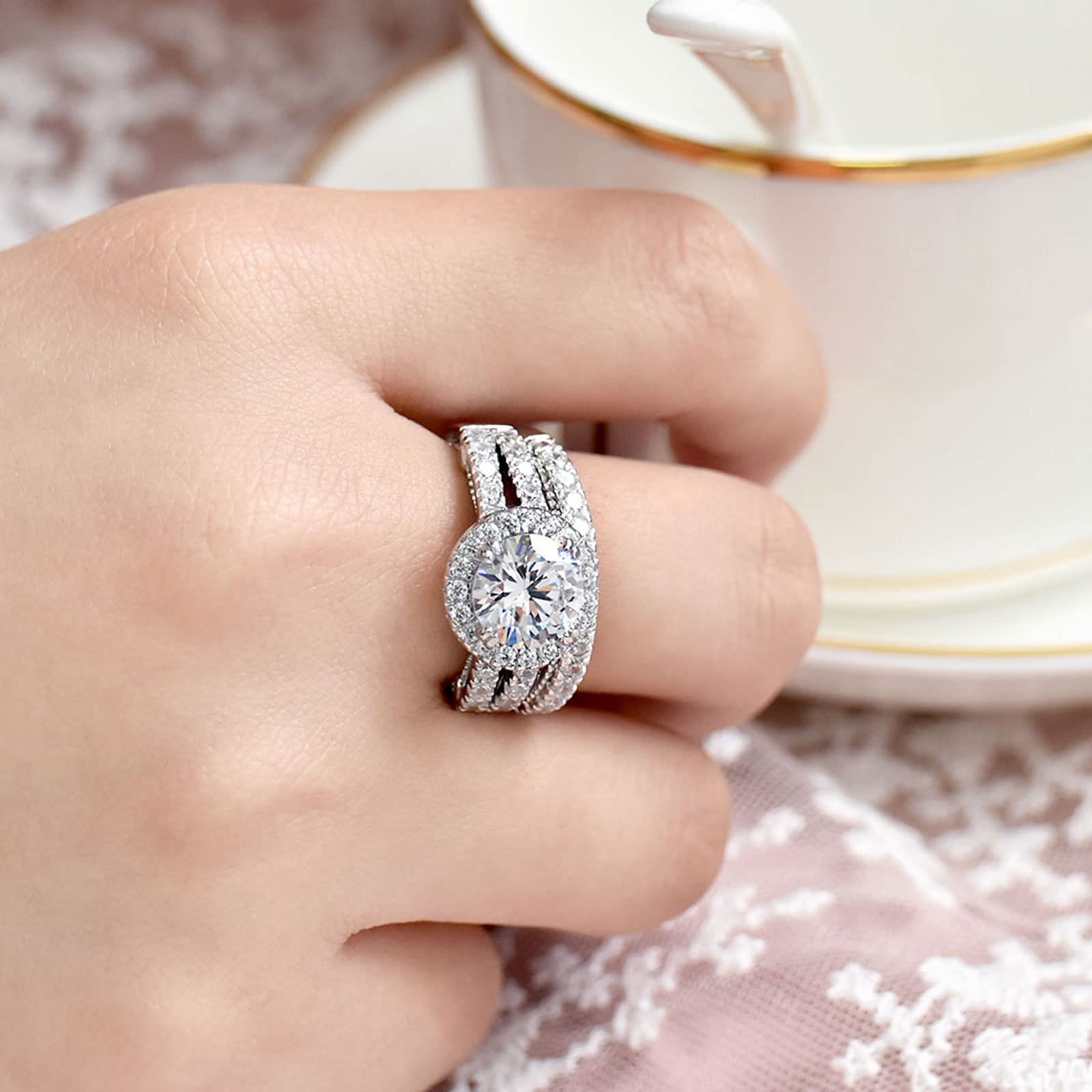 Wuziwen 4Ct Wedding Rings Engagement Ring Set for Women Cubic Zirconia 925 Sterling Silver Size 7