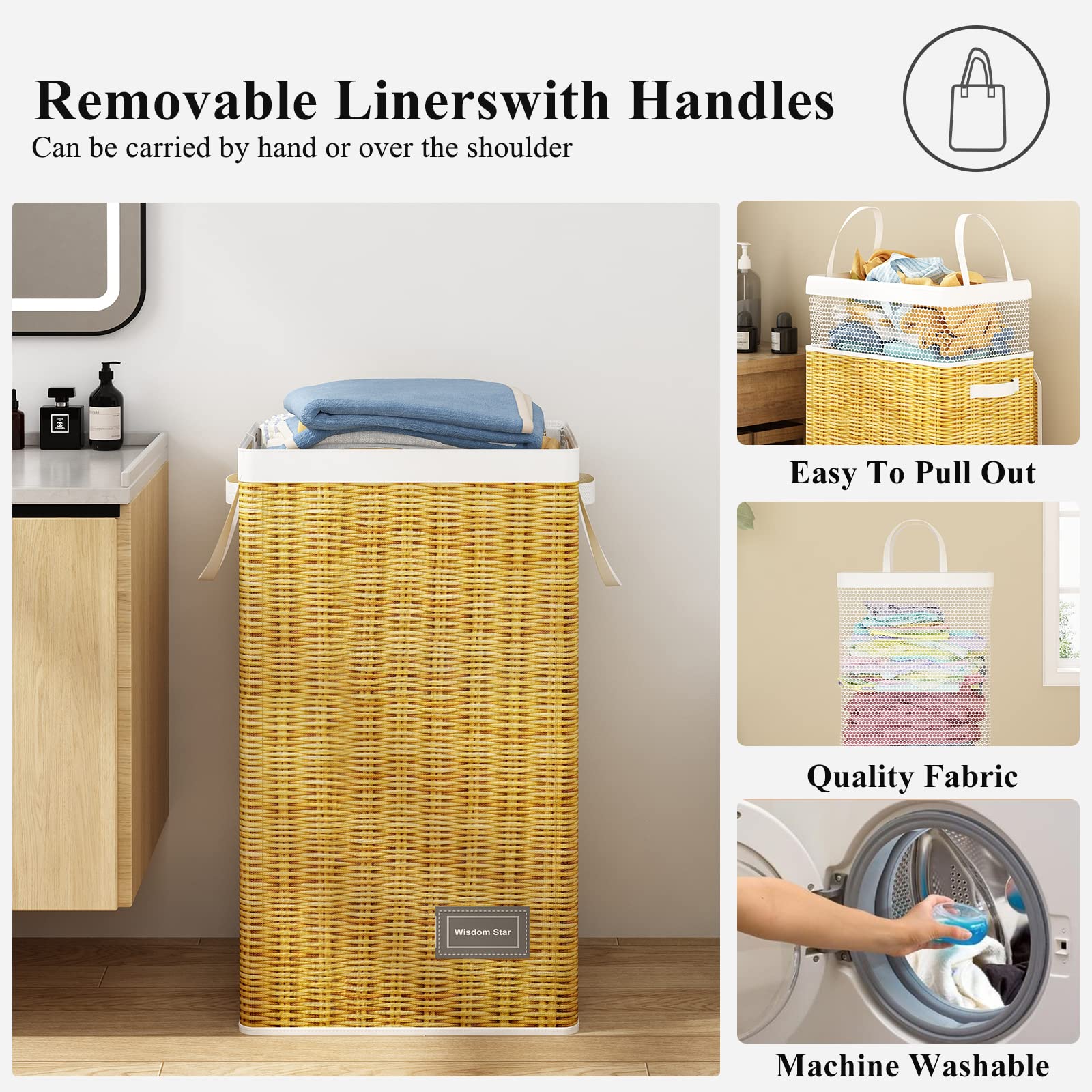 Wisdom Star Full Fabric Laundry Basket with Lid, 100 Gal(100L), Large Laundry Hamper with Handle Removable Bag, Collapsible Clothes Hamper Organize, For Change of Clothes Toys Towels, Wicker Print