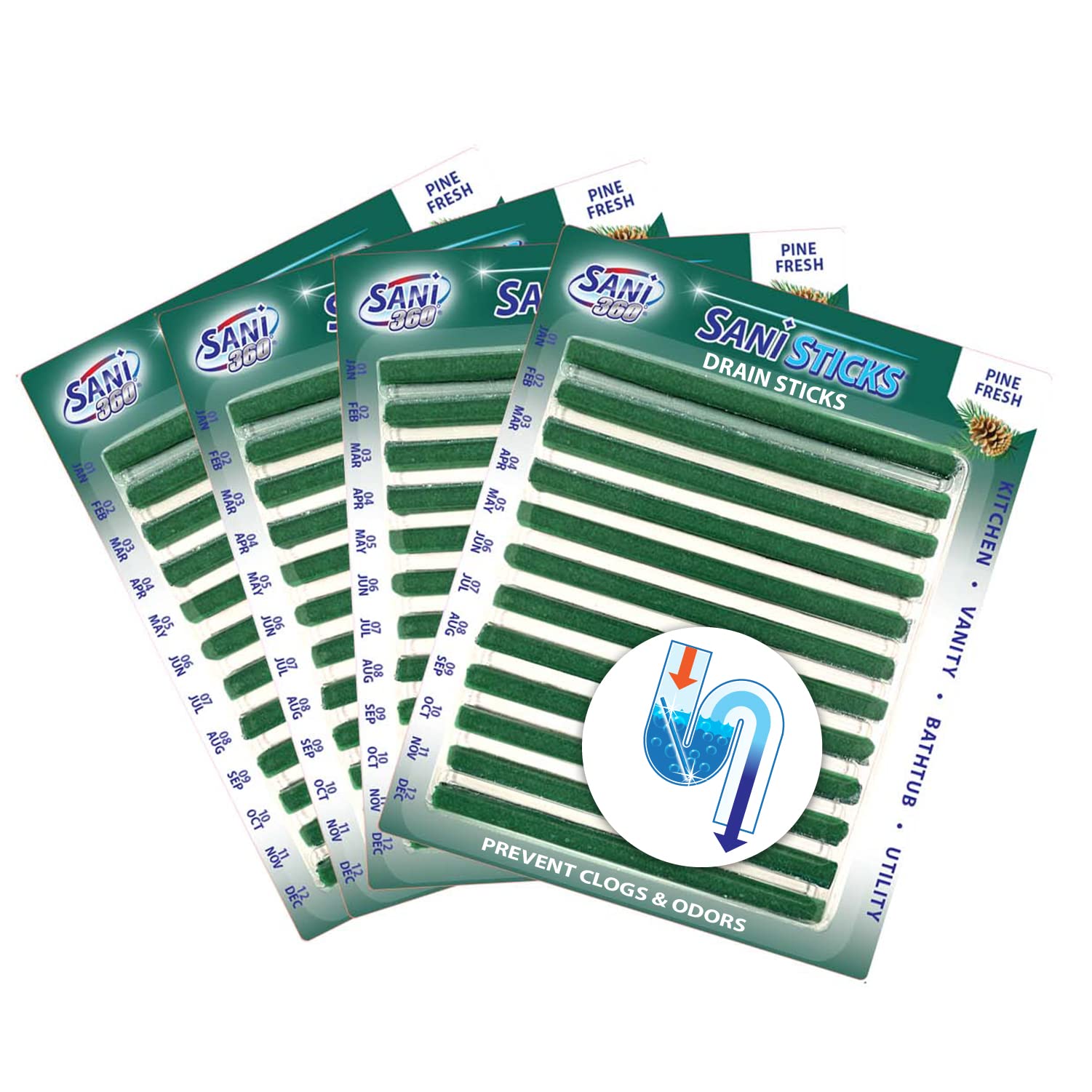 SANI 360° Sani Sticks Drain Cleaner and Deodorizer, Enzyme Pipe Cleaners, Eliminate Odors, Prevent Clogged Drains, Safe for Sinks, Bathtub Drains, Septic Tanks, 24 Count, Pine Scent