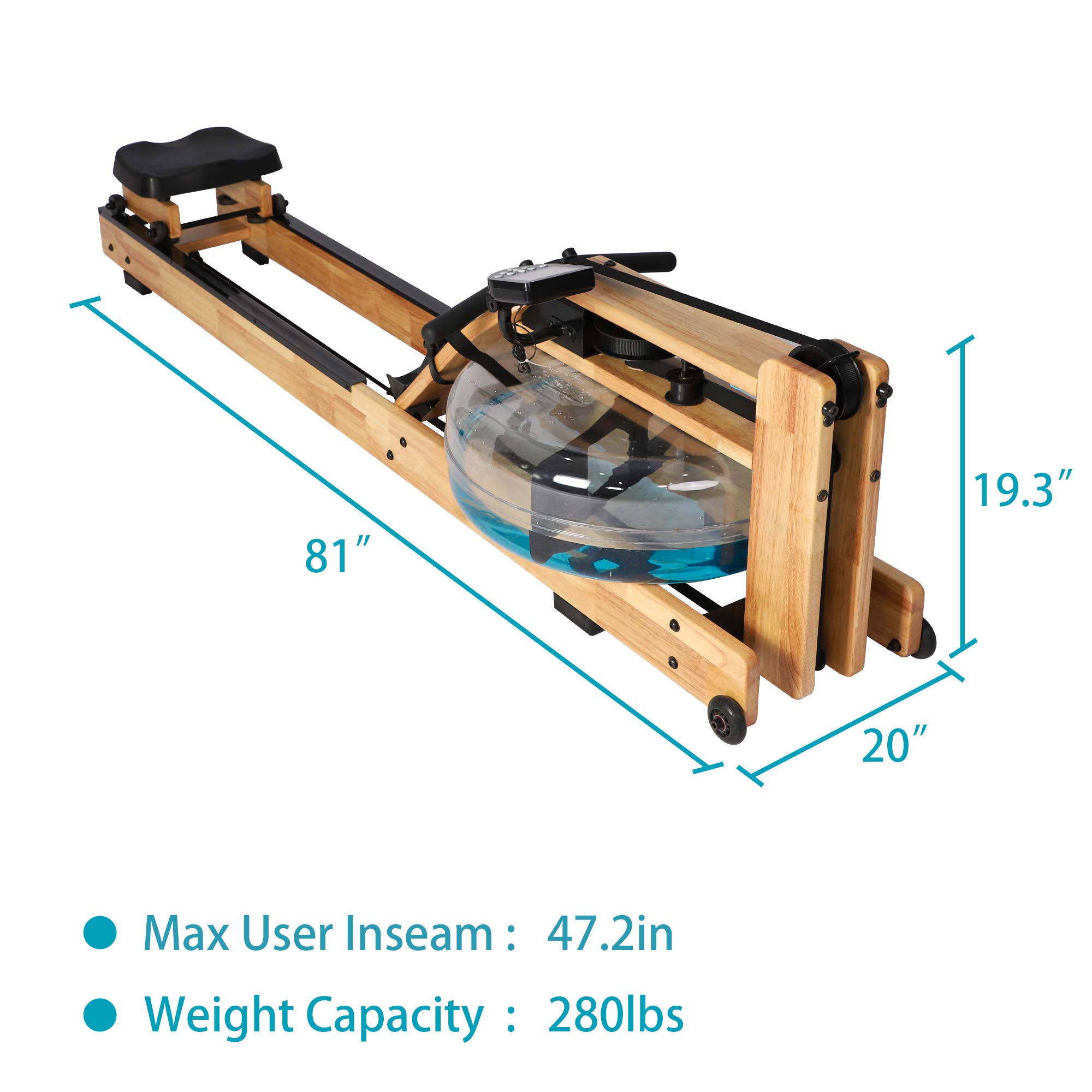 Vilobos Rowing Machine Heavy Duty Wooden Rower with Water Resistance Adjustable LCD Display Monitor for Body Exercise Training in Home Gym (Oak)