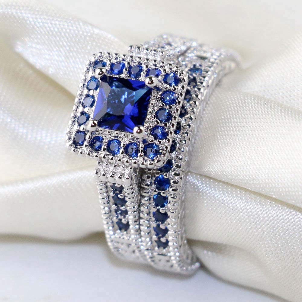 White Gold Filled 2pcs Womens Wedding Ring Sets Bridal Sets Princess Cut Cz Engagement Ring Wedding Bands