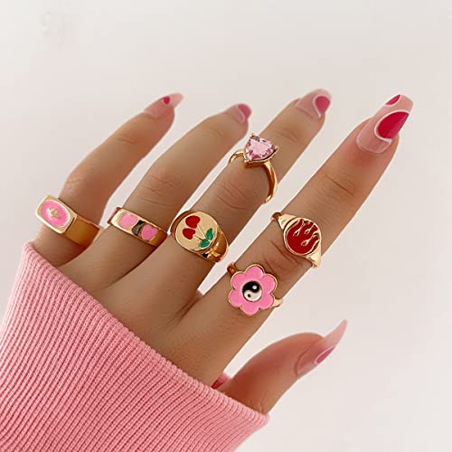 YOOESTORES82 Cute Gold Knuckle Ring Set Heart Yin Yang Stackable Rings Rhinestone Flower Multiple Flame Midi Finger Ring Sets for Women Girls (A)