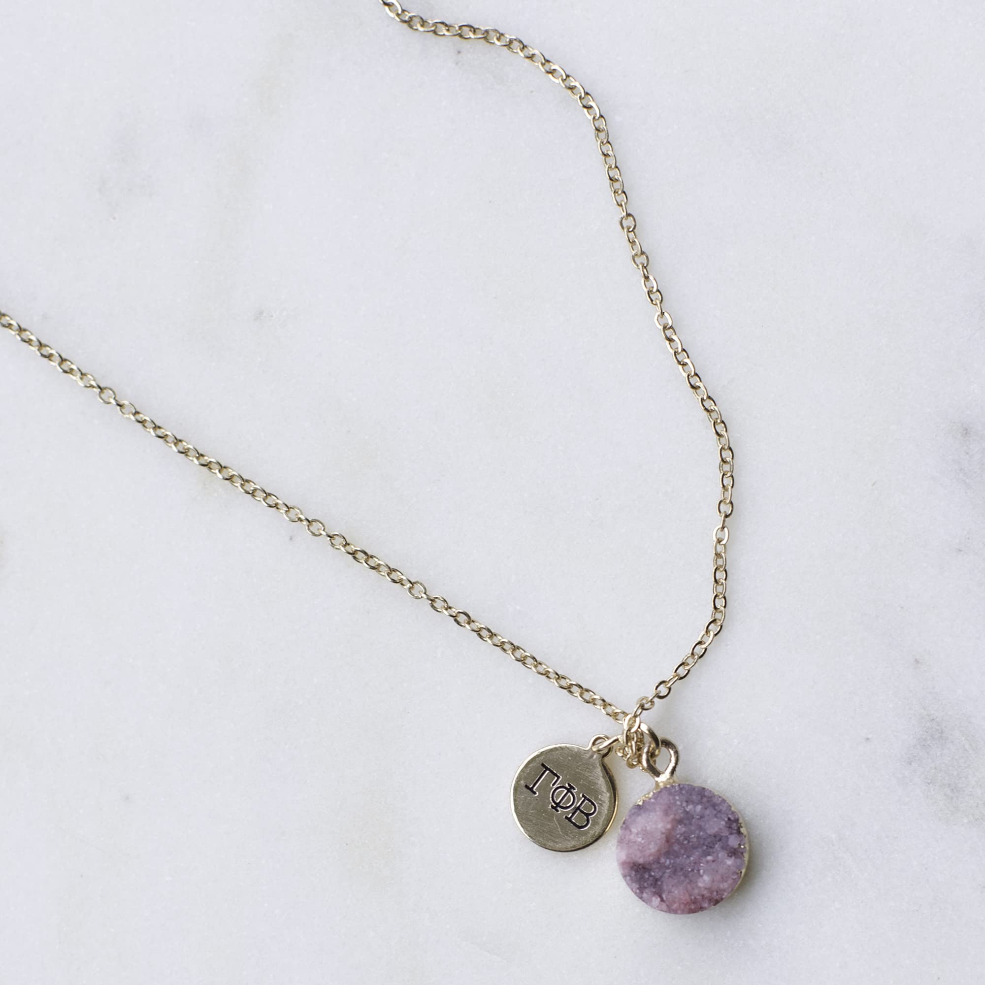 Sorority Shop GPB Necklace - Gamma Phi Beta Pink Druzy Gemstone Necklace With Engraved Pendant – 14K Gold Dipped Jewelry with Pink Gemstone – Sorority Gift, Charm Paraphernalia