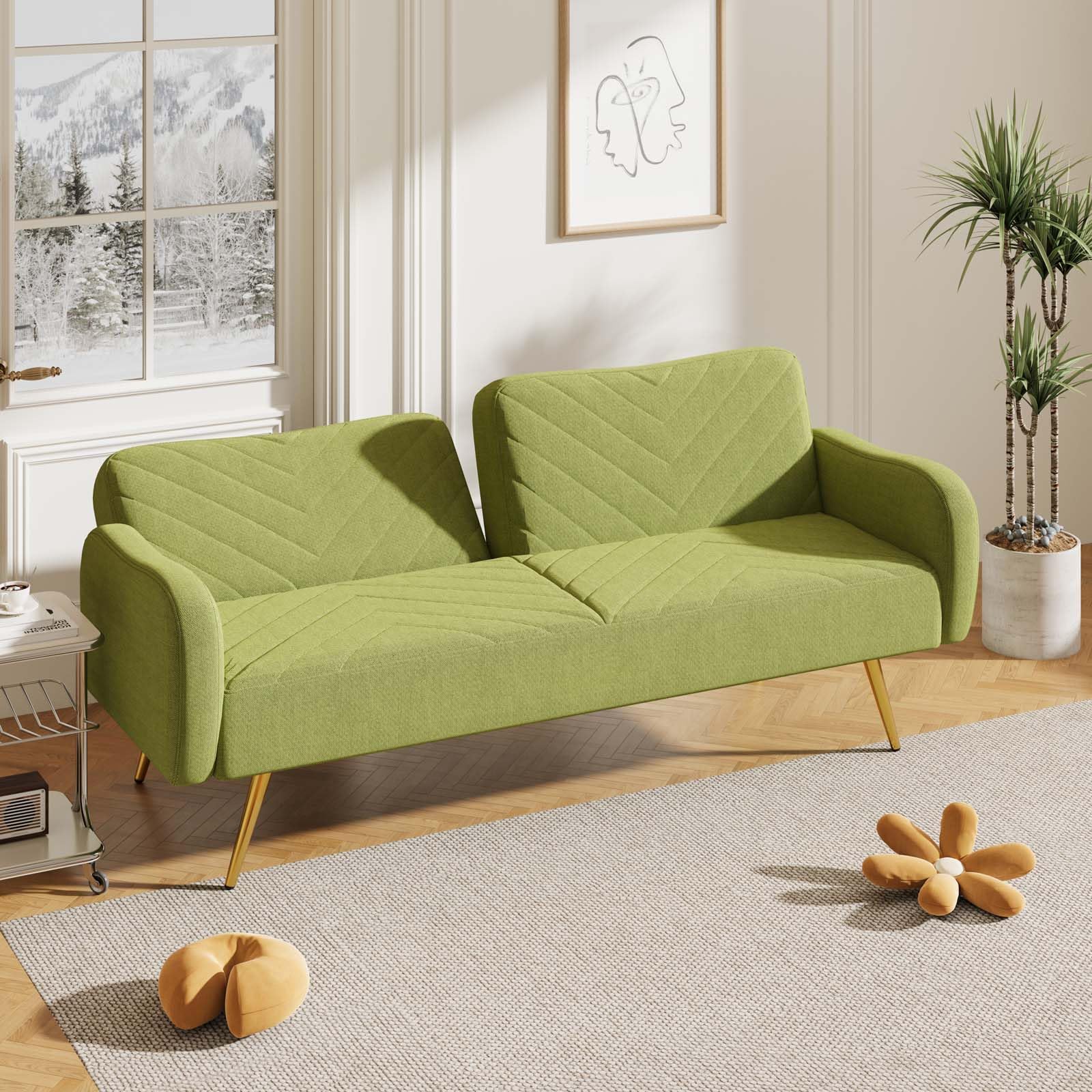 Shuoya Jewelry Modern Futon Couch Sofa Bed with 2 Pillows, Convertible Sleeper Couch Loveseat with 3 Angles Adjustable Split-Back and Solid Metal Leg for Living Room and Bedroom (Green)