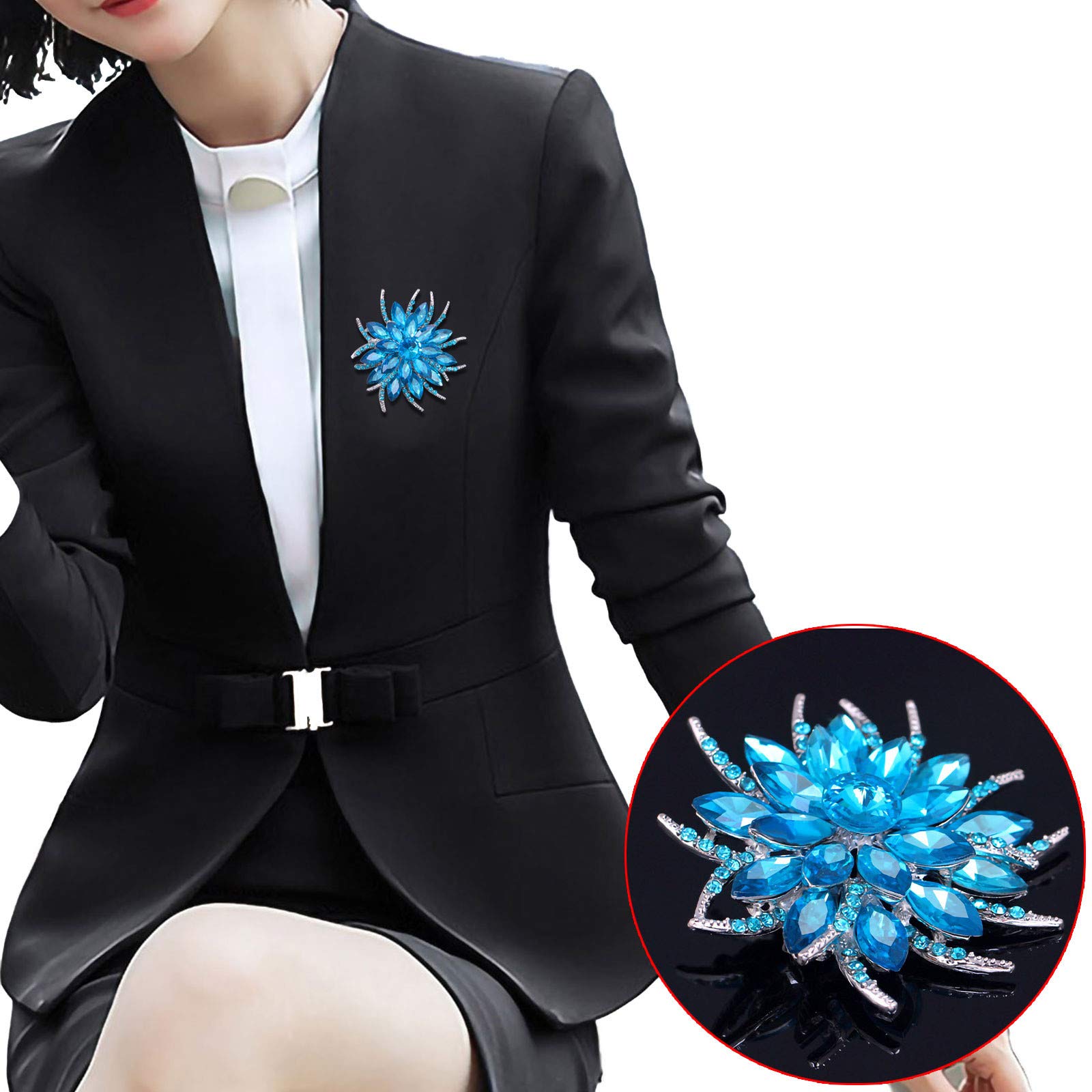 Three Colors Gold Plated Rhinestone Crystal Bouquet Flower Scarf Pin & Brooch Cute Pin Set (Blue, One Size)