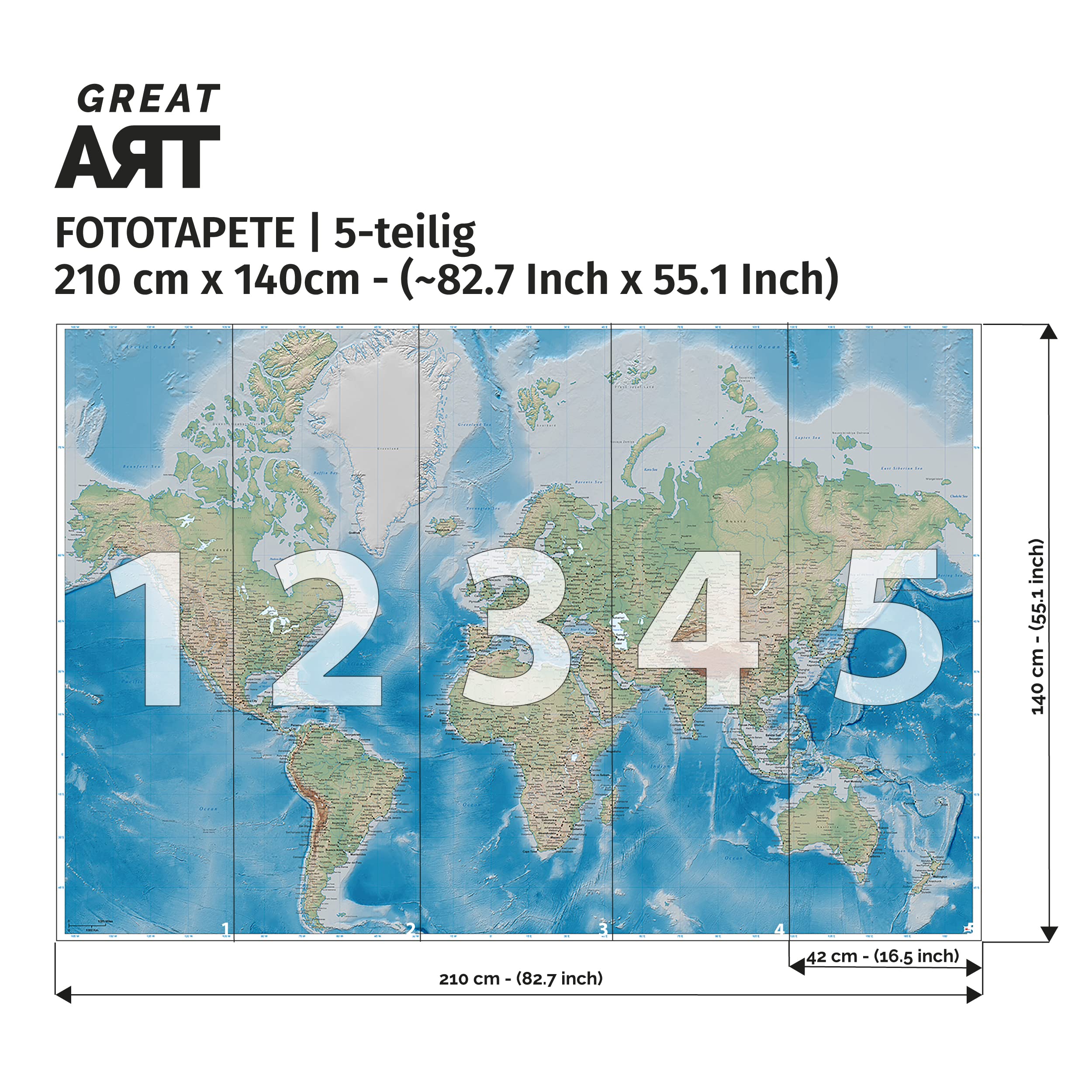 Photo Wallpaper β Modern World Map β Picture Decoration Miller Projection Plastically Relief Design Earth Atlas Globe Continents Image Decor Wall Mural (82.7x55.1in - 210x140cm)