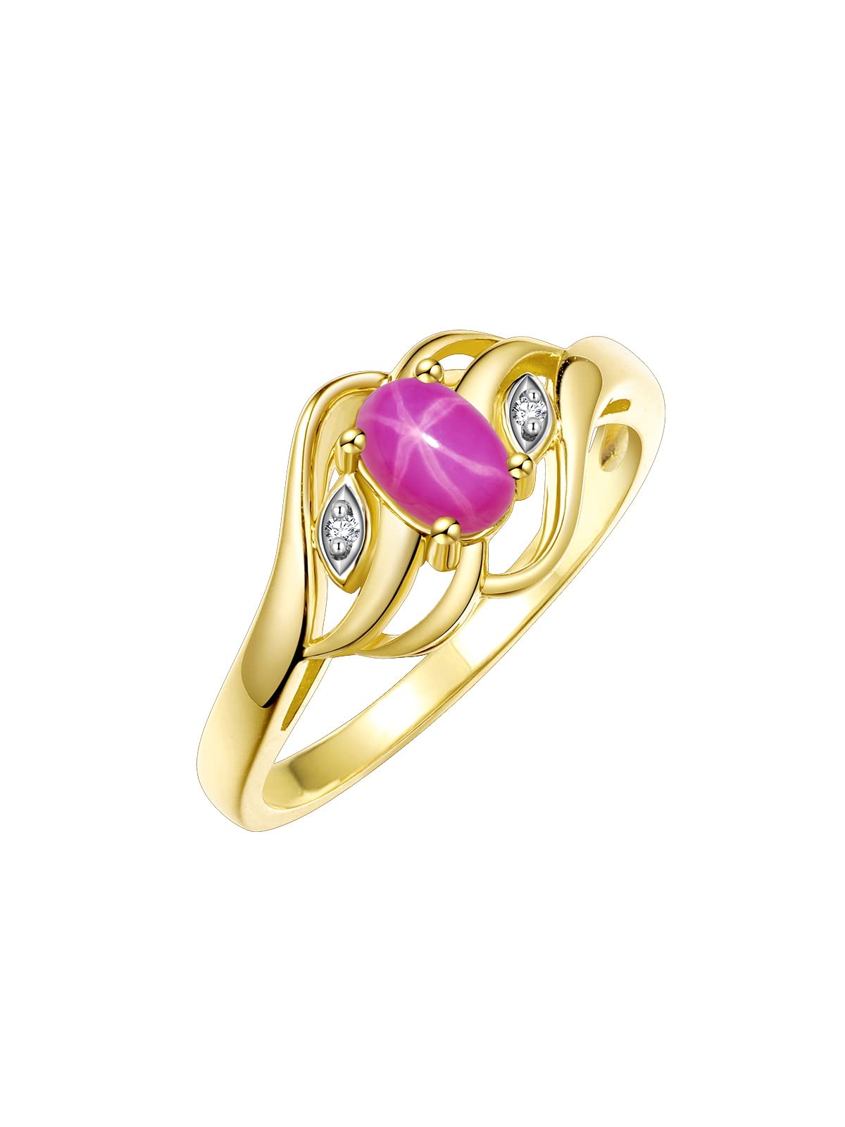 RYLOS Rings for Women 14K Gold Plated Silver Ring Classic Style Birthstone Ring 6X4MM Gemstone & Diamonds July Star Ruby Jewelry for Women Size 6