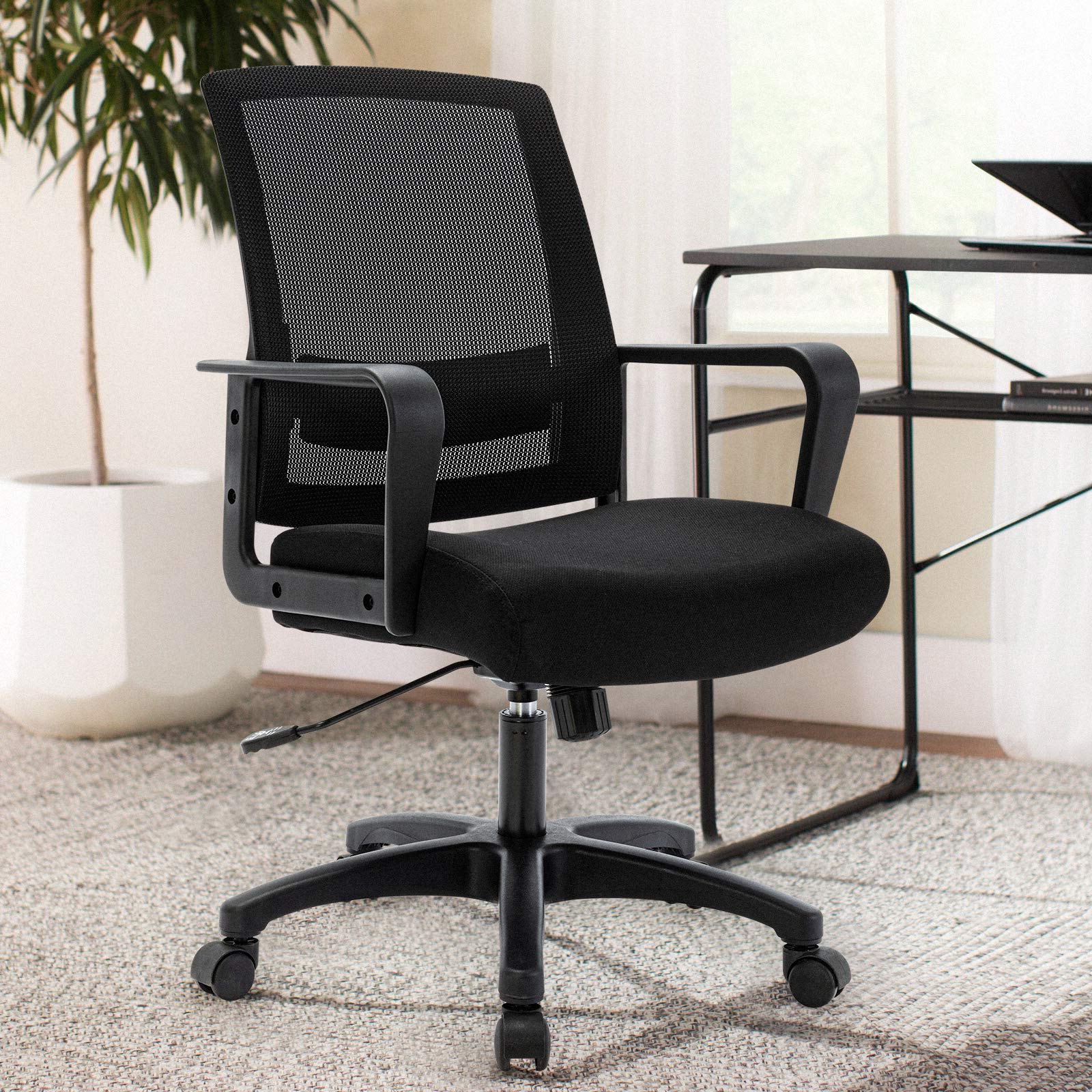 STARSPACE Mesh Office Chair with Adjustable Lumbar Support, Thicken Wide Seat Mid-Back Computer Desk Chair Adjustable Height Swivel Base Swing Modern Task Chair for Home Office Conference Room, Black