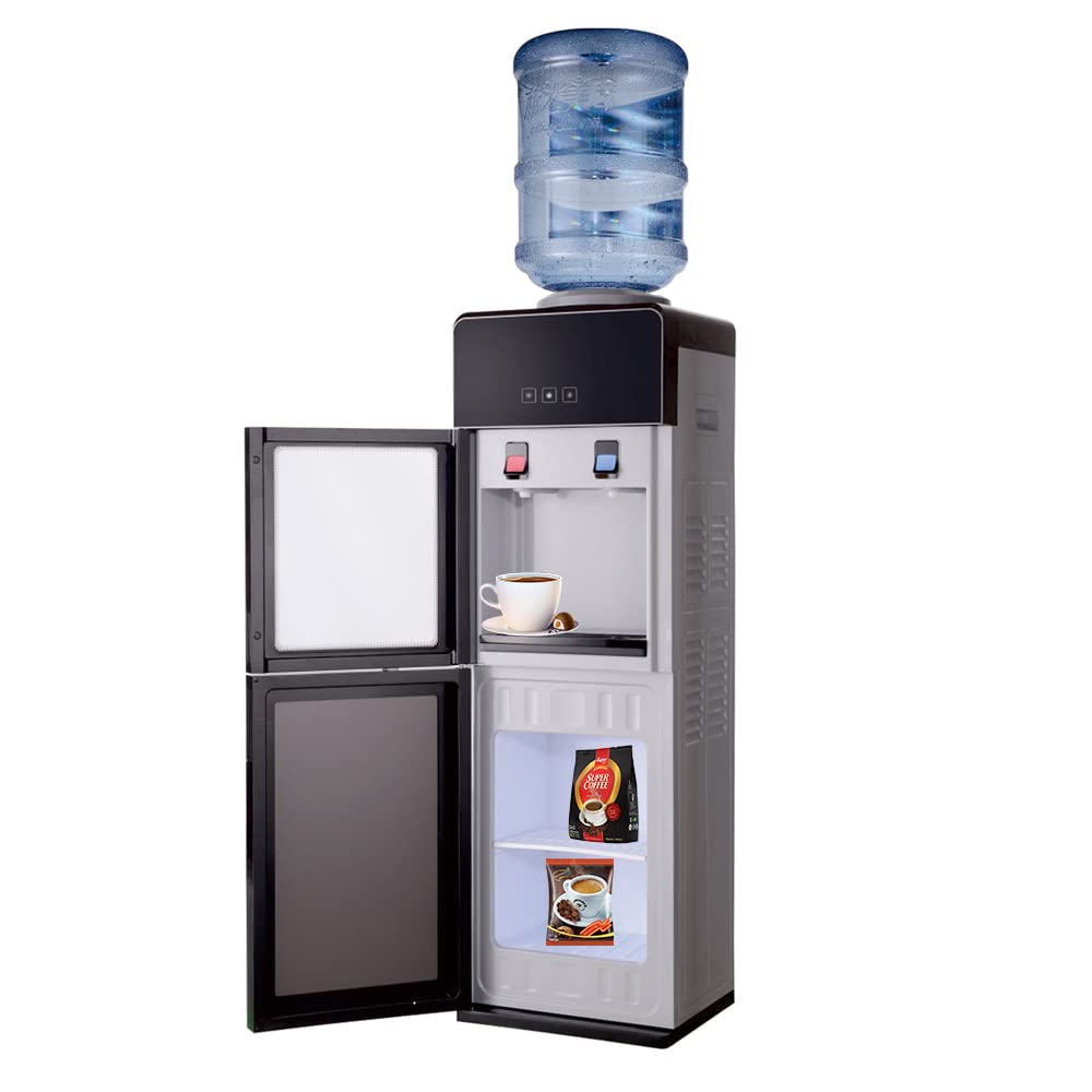 Top-Loading Water Dispenser for 5 Gallon Bottles, THABATAD Hot & Cold Water Cooler with Storage Cabinet & Glass Door Water Coolers Dispenser for Home, Office, School, Grey