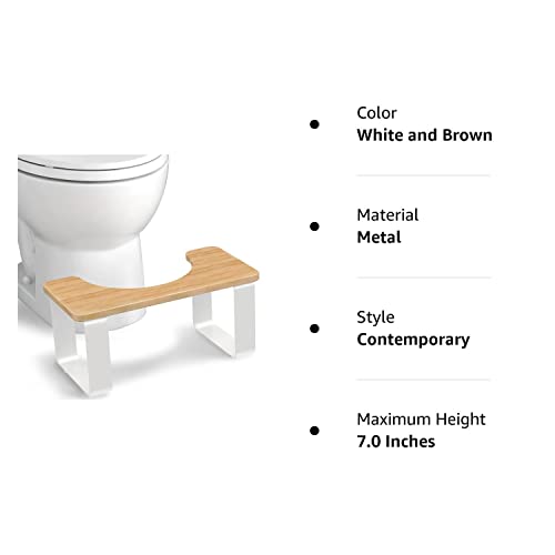 WOWOO HOME 7'' Wooden with Metal Squatting Toilet Stool, Bathroom Poop Stool for Adults, Potty Stool Anti-Slip Brown and White A01