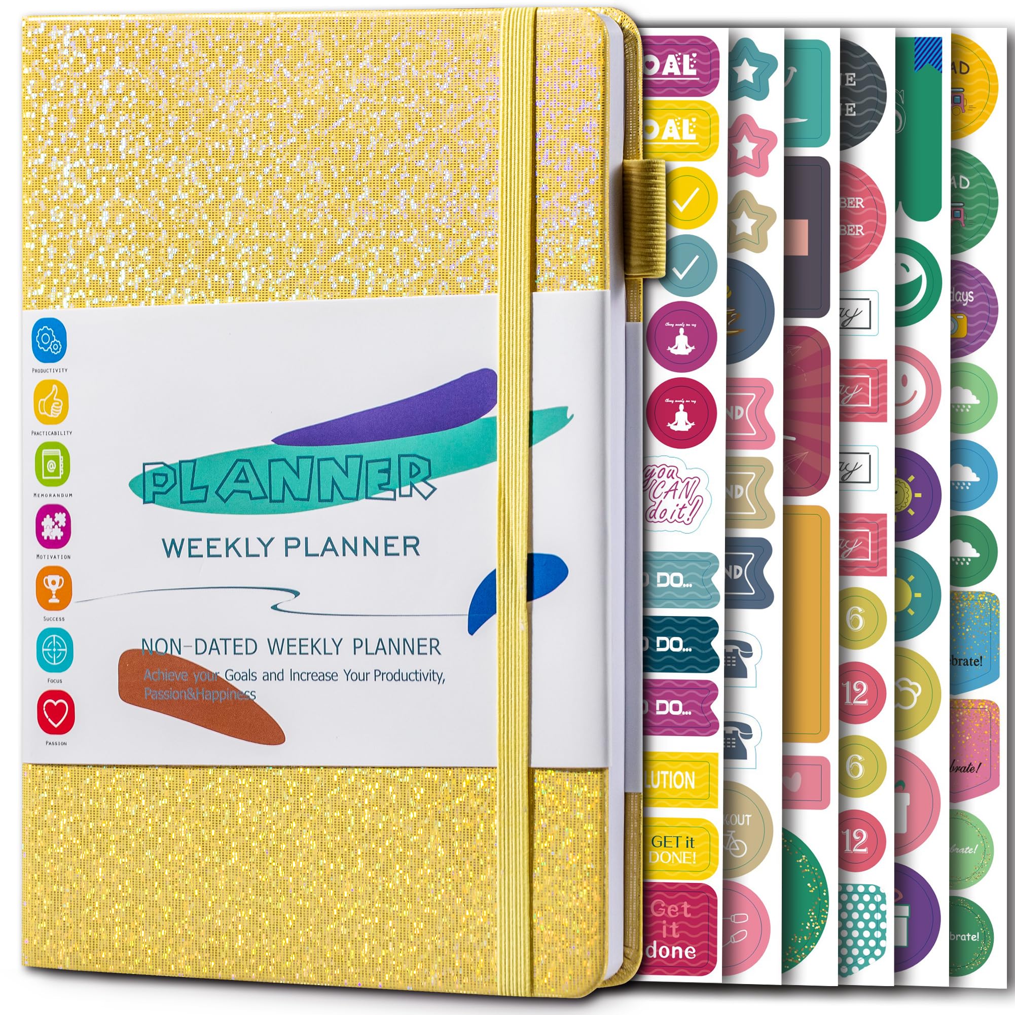 Undated Weekly Planner with Stickers - Personal Daily/Monthly Life Goals Planners 2024，Habit Tracker，8.7"x5.1"，A5 Yellow