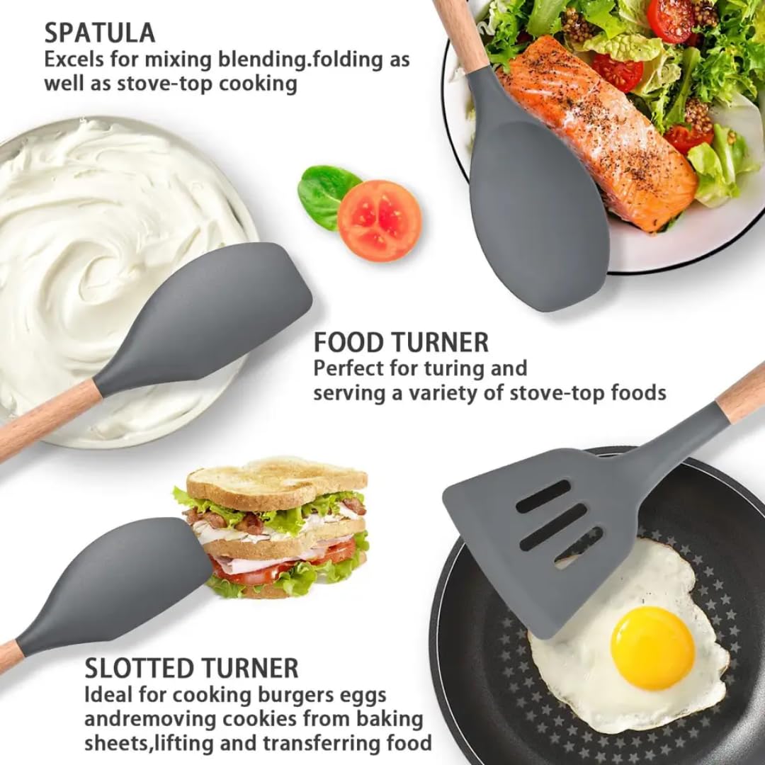 Silicone Kitchenware Cooking Utensils Set with Wooden Handle, Heat Resistant -12PCS: Turner Tongs,Spatula,Spoon,Brush,Whisk,Kitchen Utensil Gadgets Tools Set for Nonstick Cookware,(Grey)