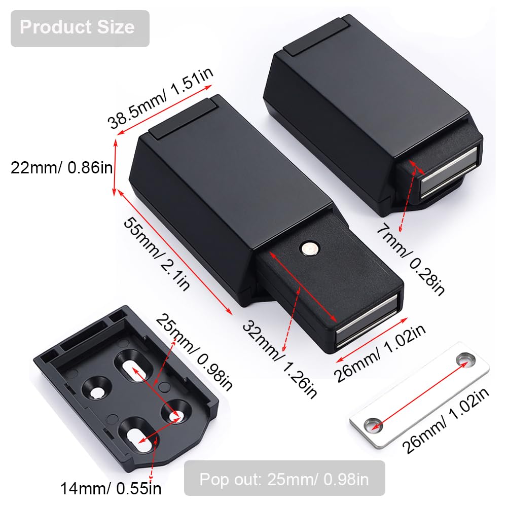 Push to Open Door Latch Cabinet Hardware ATTHW® 2 Pack Heavy Duty Magnetic Push Latch & Lock for Hidden Door Touch Latch and Catch Drawer Magnet Push Release Tip on Closet Close Strong Pop Out, Black