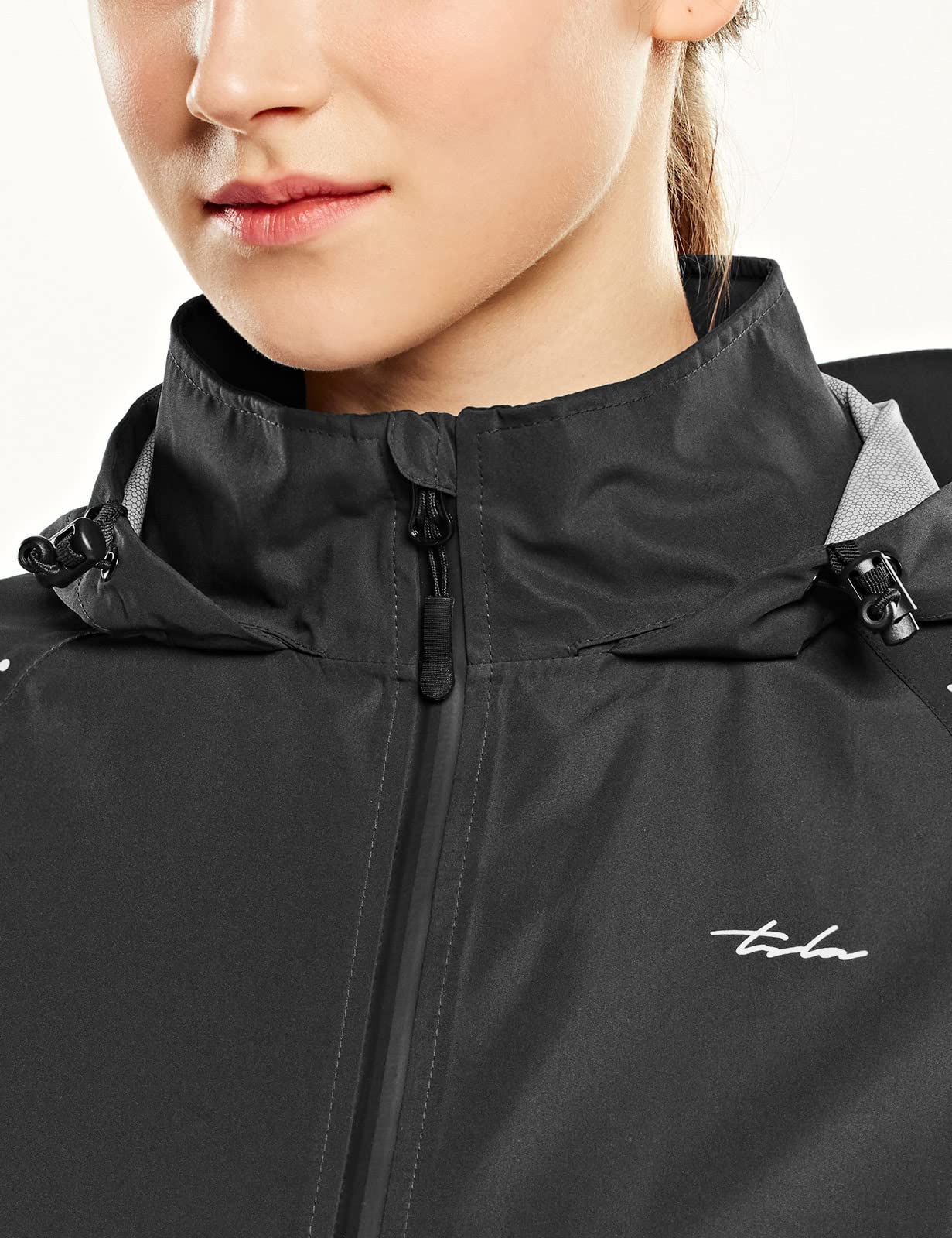 TSLA Women's Cycling Windbreaker Jacket, Waterproof Running Workout Rain Jackets, Packable Reflective Hiking Hoodie, Cycling Black, Small