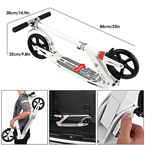 Scooter for Adults/Teens/Kids, 200mm Big Wheels Scooter Easy Folding Lightweight Height Adjustable Rear Fender Brake Scooter Support 220lbs (White)