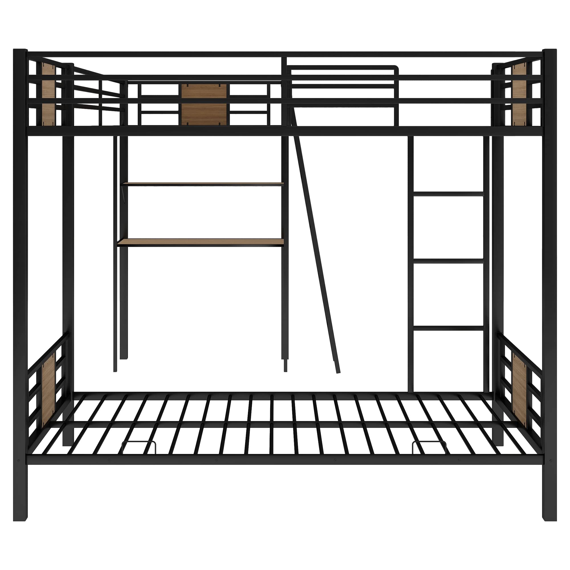 RUNWON Twin-Over-Twin Metal L-Shaped Triple Bunk Bed with a Twin Size Loft Bed and Desk and Shelf for Kids Teens