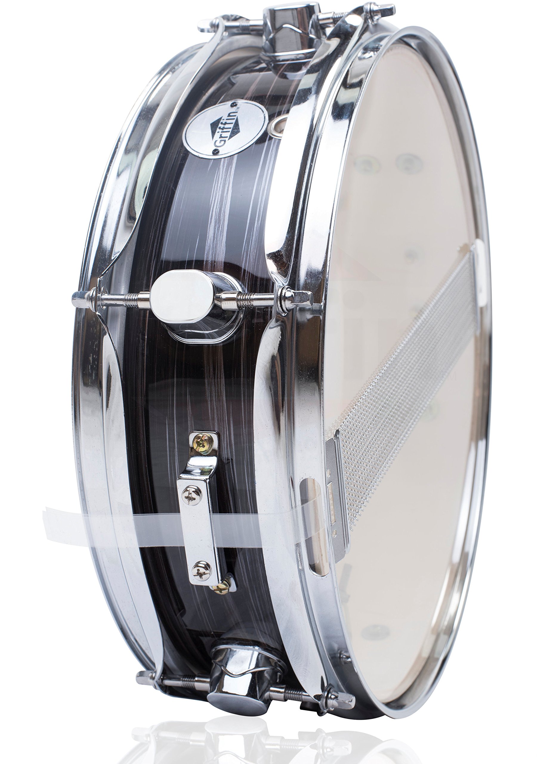 Piccolo Snare Drum 13" x 3.5" by GRIFFIN | 100% Poplar Wood Shell with Zebra Wood Finish & Coated Drum Head | Professional Marching Drummers Percussion Instrument with Bright Tone & Brilliant Attack