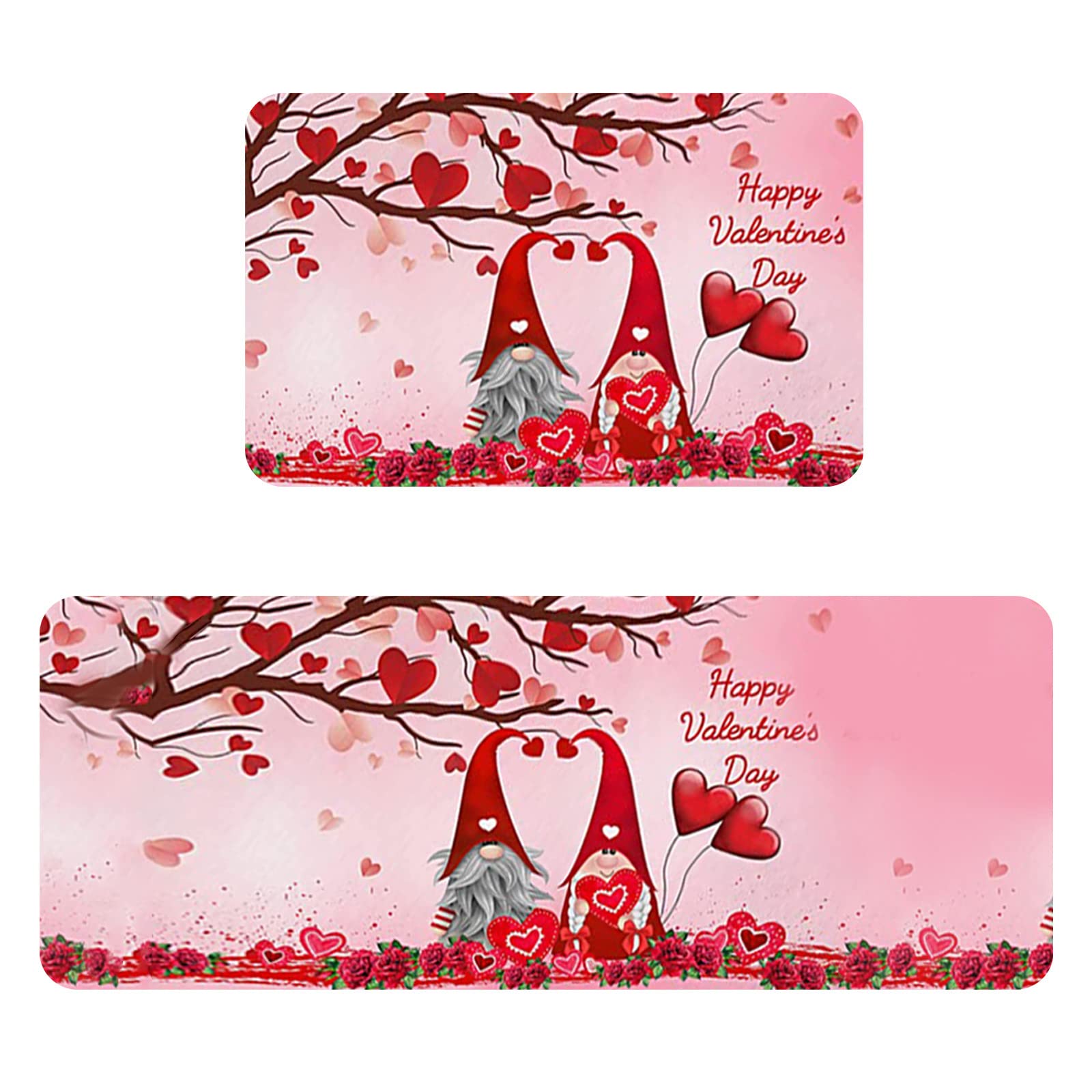 Wtosuhe Valentines Day Decorative Kitchen Mats Set of 2, Pink Love Heart Doormat Gnome Yard Kitchen Rug with Non-Slip Rubber, Spring Seasonal Decorative Floor Mat Doormat (Sweet-03)